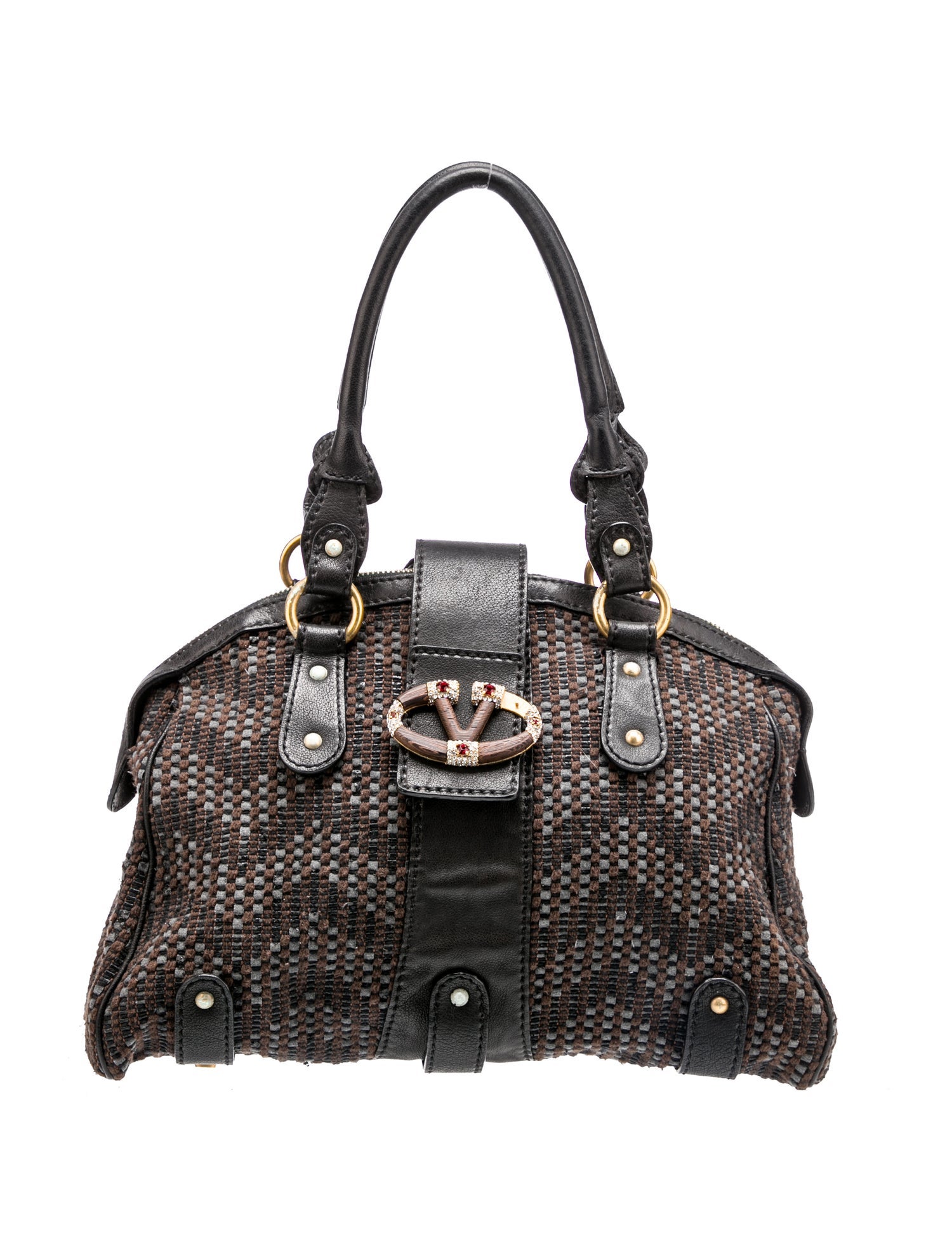 Valentino Leather-Trim Embellished Shoulder Bag - Brown Shoulder Bags ...