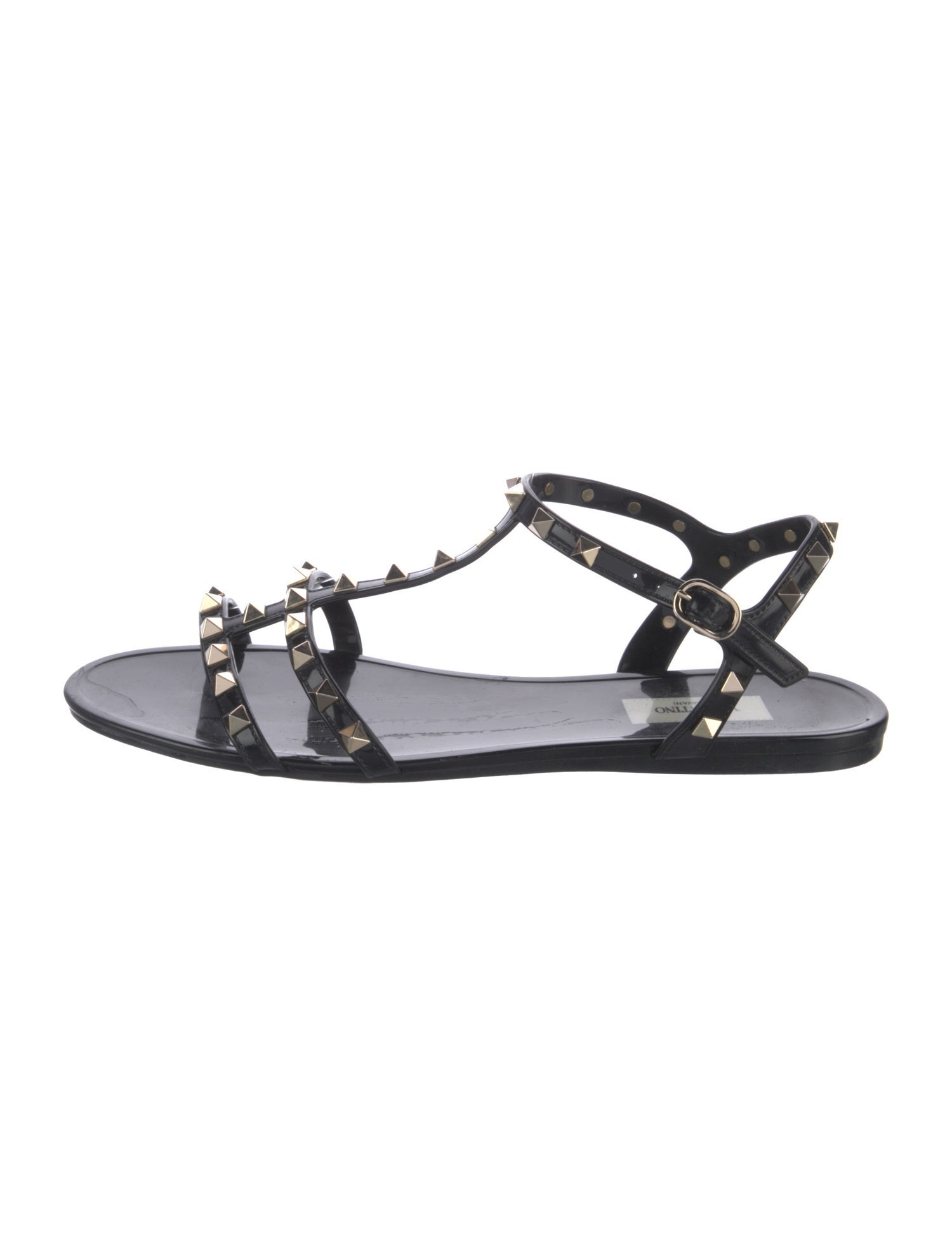 Valentino Rockstud Accents Rubber T-Strap Sandals - Black Sandals ...