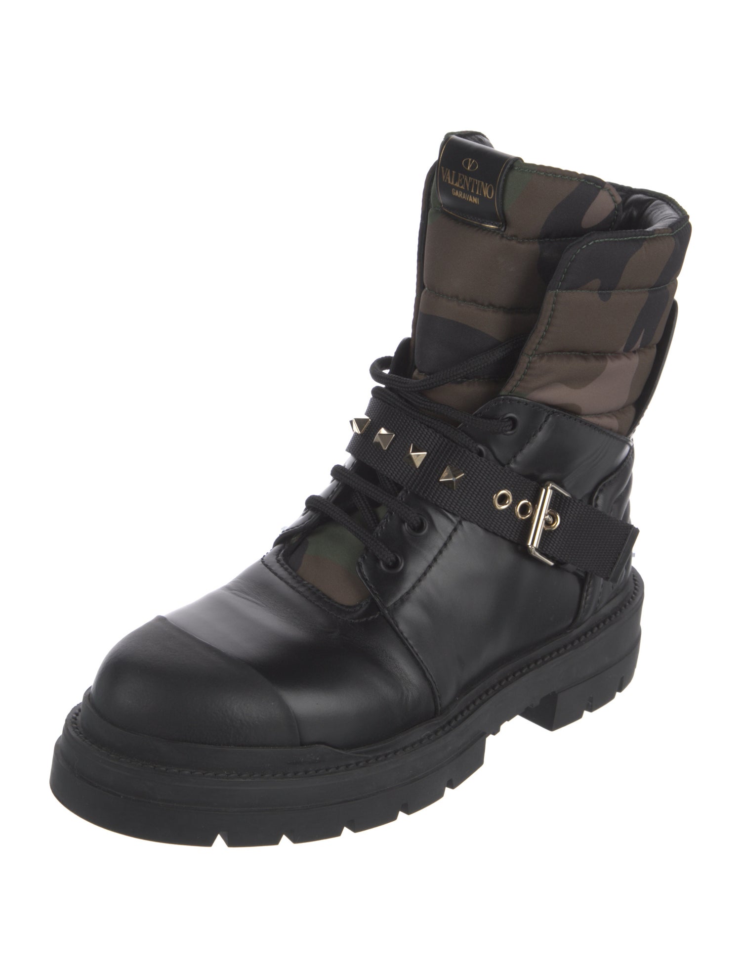 Valentino Rockstud Accents Leather Combat Boots - Black Boots, Shoes ...