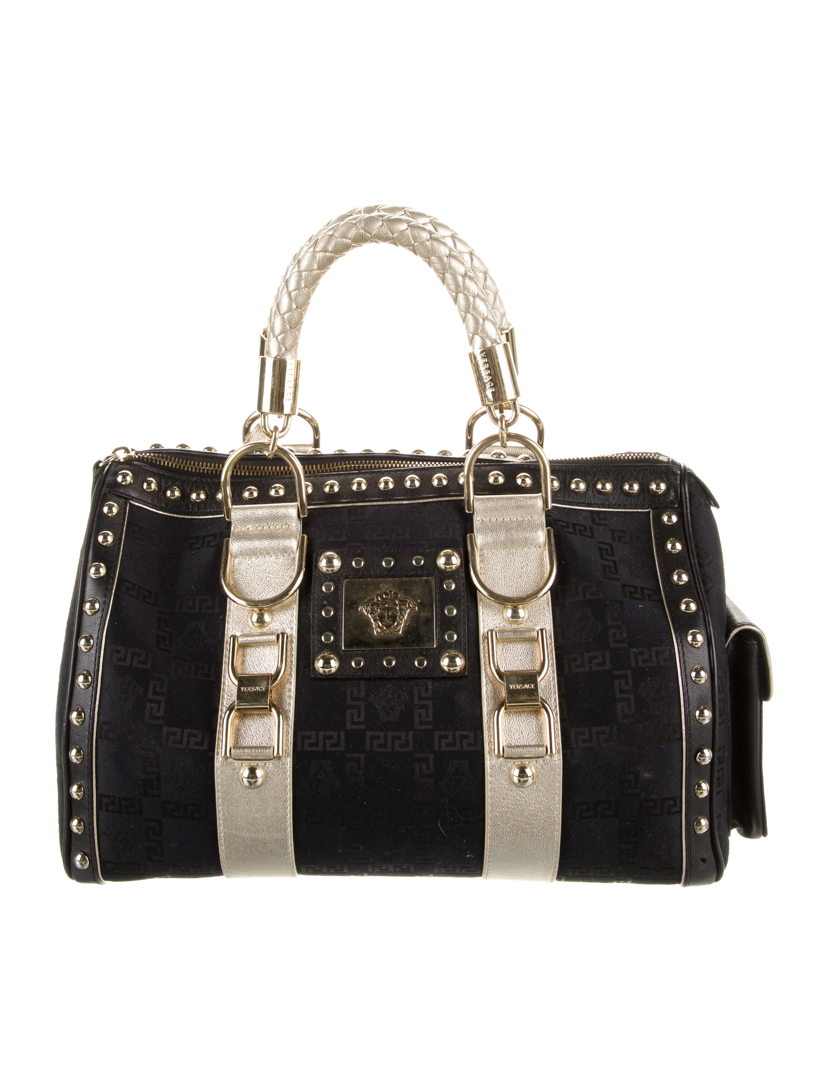 Versace Metallic Leather-Trimmed Monogramed Handle Bag - Black Handle ...