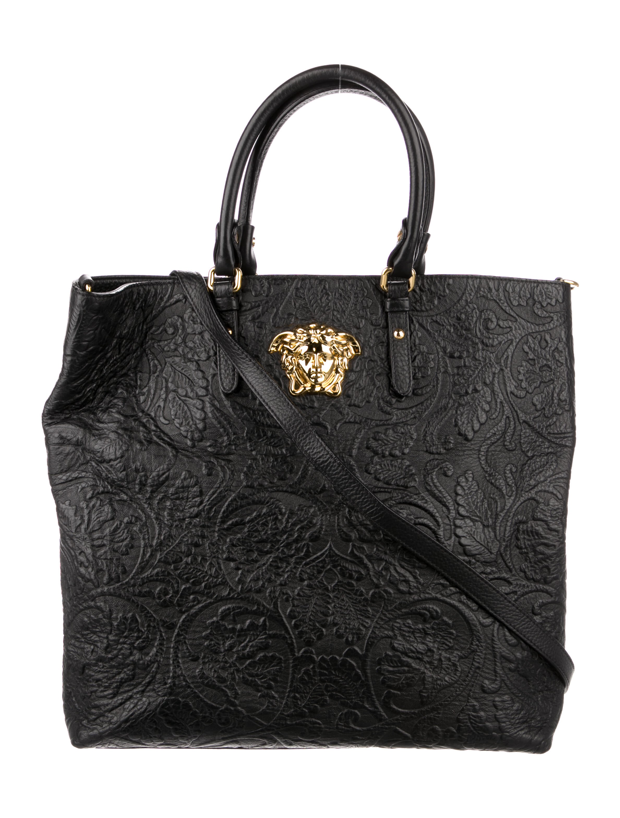Versace AW18 Runway The Clash Black Leather Punk Plaid Medusa Stud Tote ...