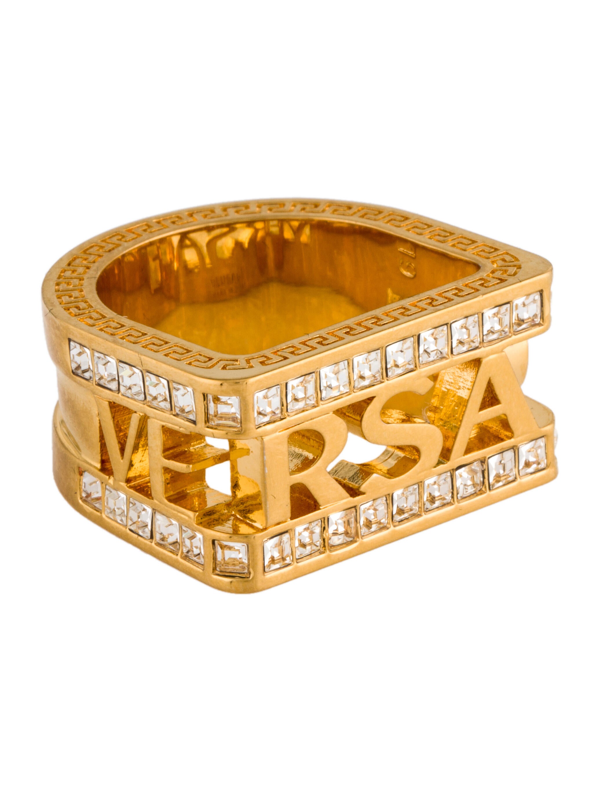 Versace Crystal Cut Out Logo Signet Ring - Gold-Tone Metal Signet Ring ...
