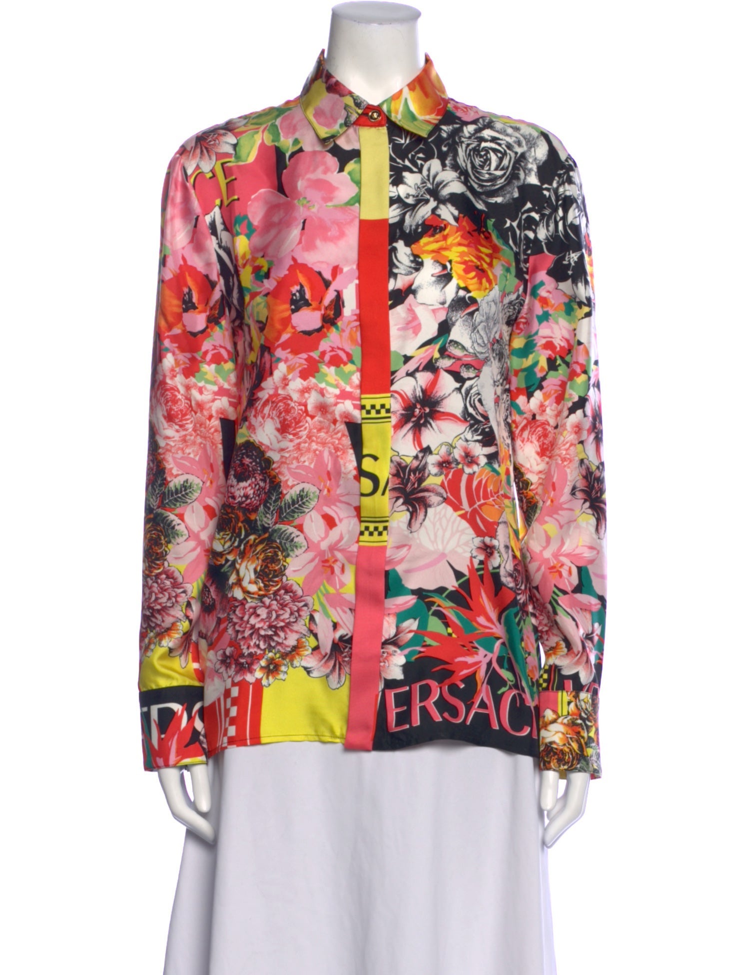 Versace Floral Print Long Sleeve Button-Up Top - Pink Tops, Clothing ...