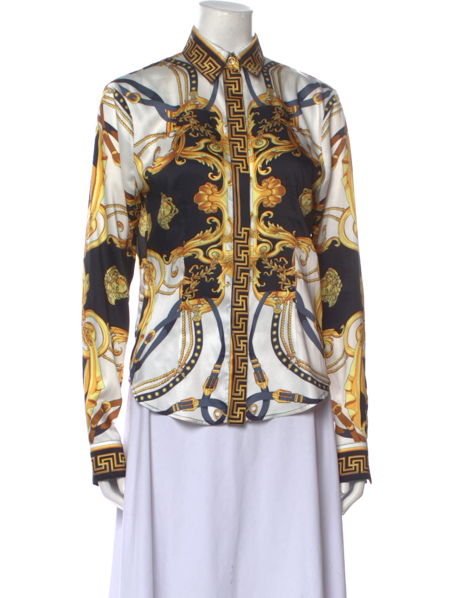 Versace Printed Long Sleeve Button-Up Top - White Tops, Clothing ...