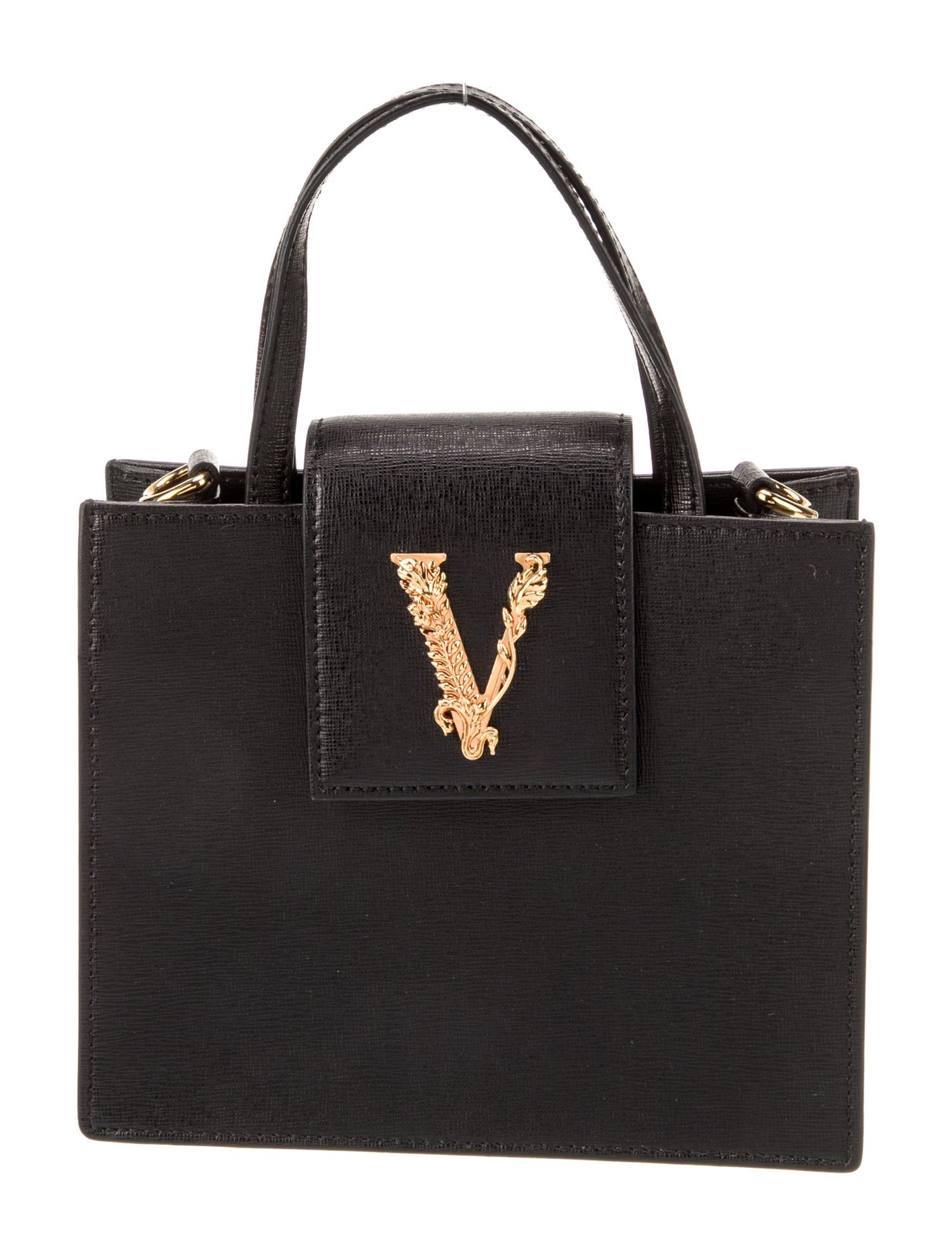 Versace Saffiano Leather Flap Closure Handbag w/ Tags. - Black Handle ...