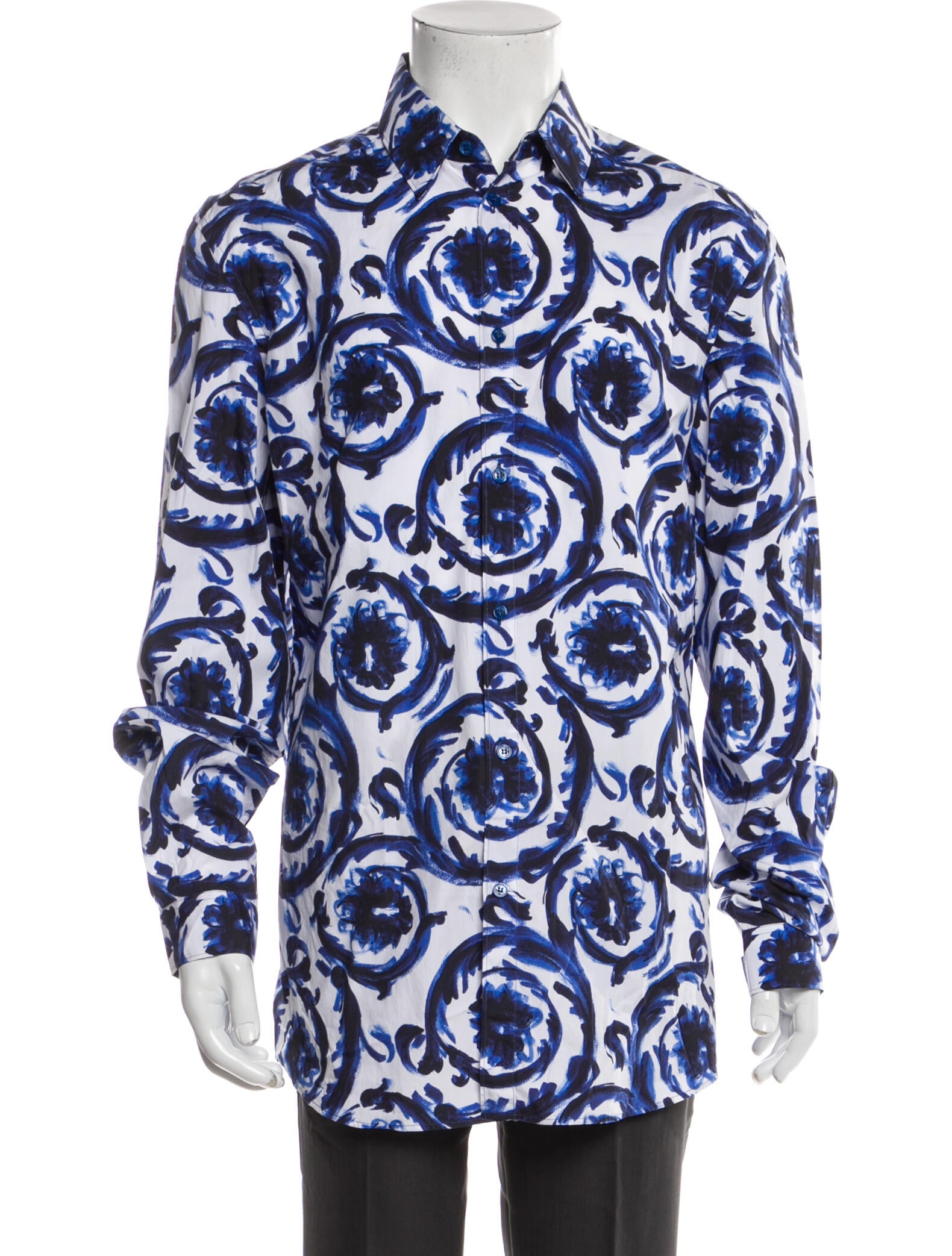 Versace Floral Print Long Sleeve Shirt - Blue Dress Shirts, Clothing ...