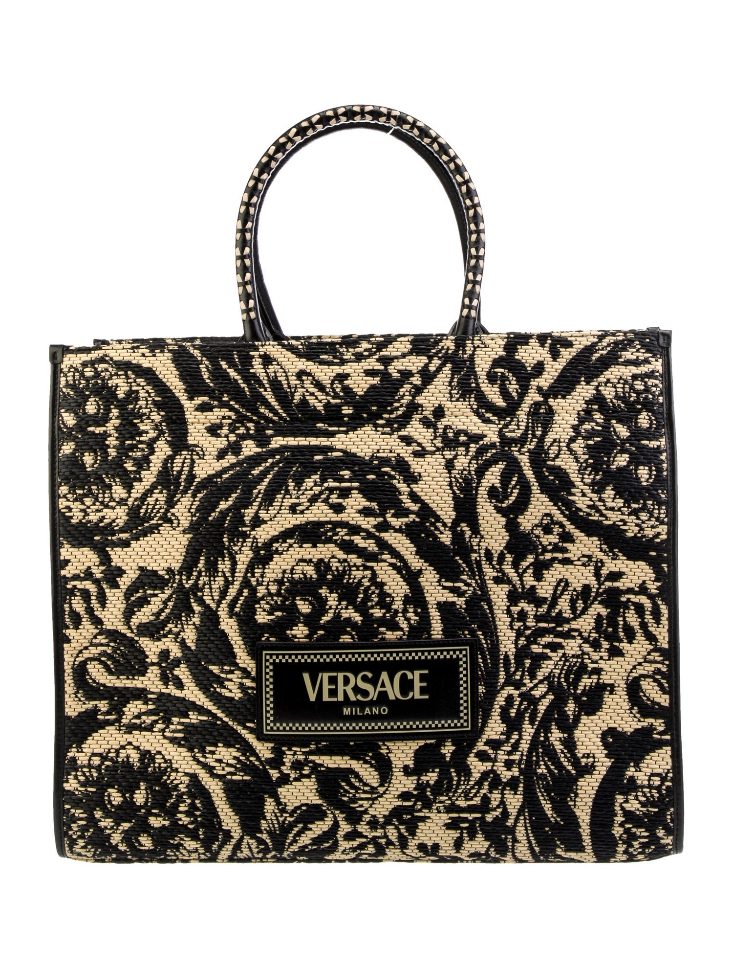 Versace Athena Barocco Raffia Tote w/Tags - Black Totes, Handbags ...