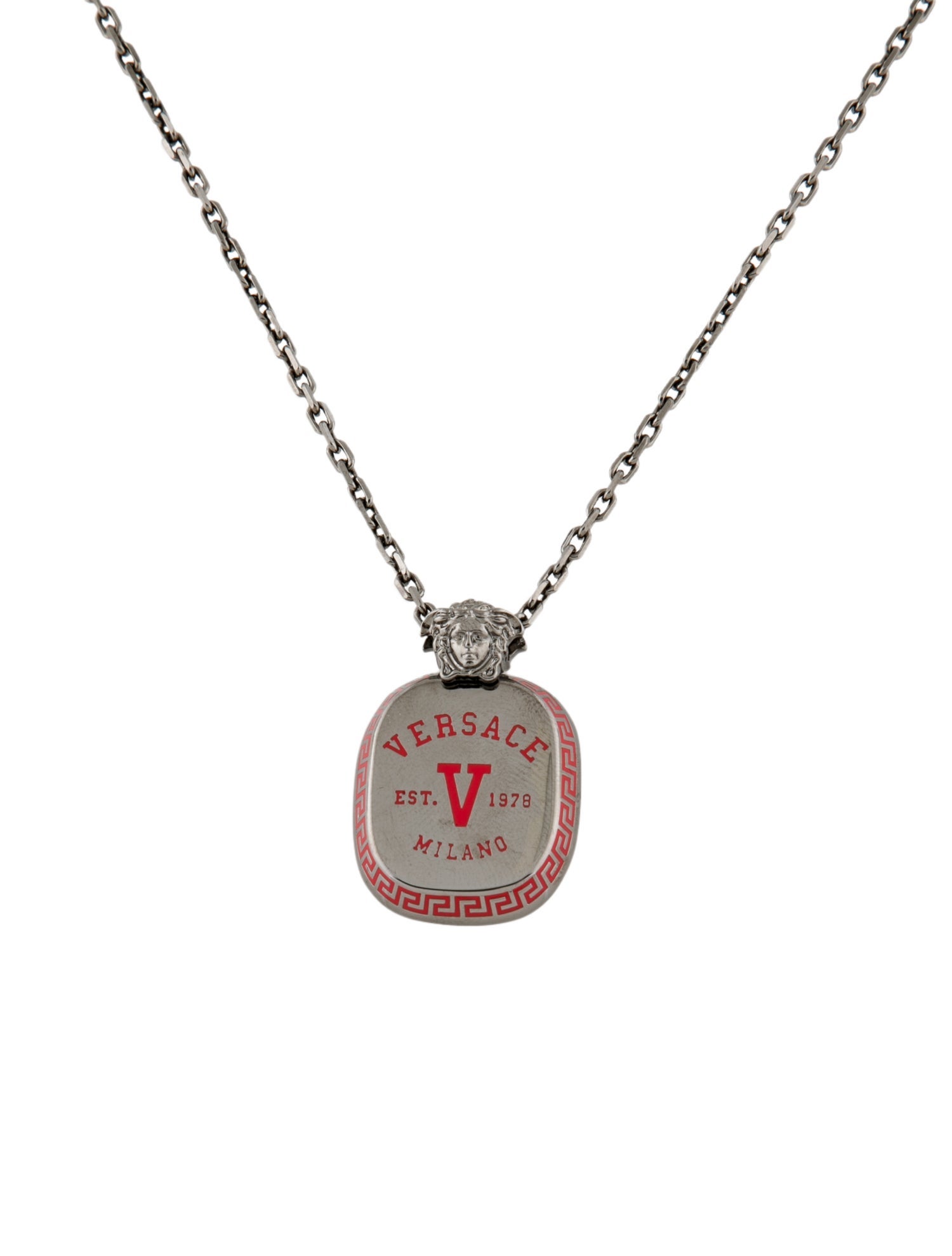 Versace Enamel Collegiate Logo Pendant Necklace - Red, Silver-Tone ...