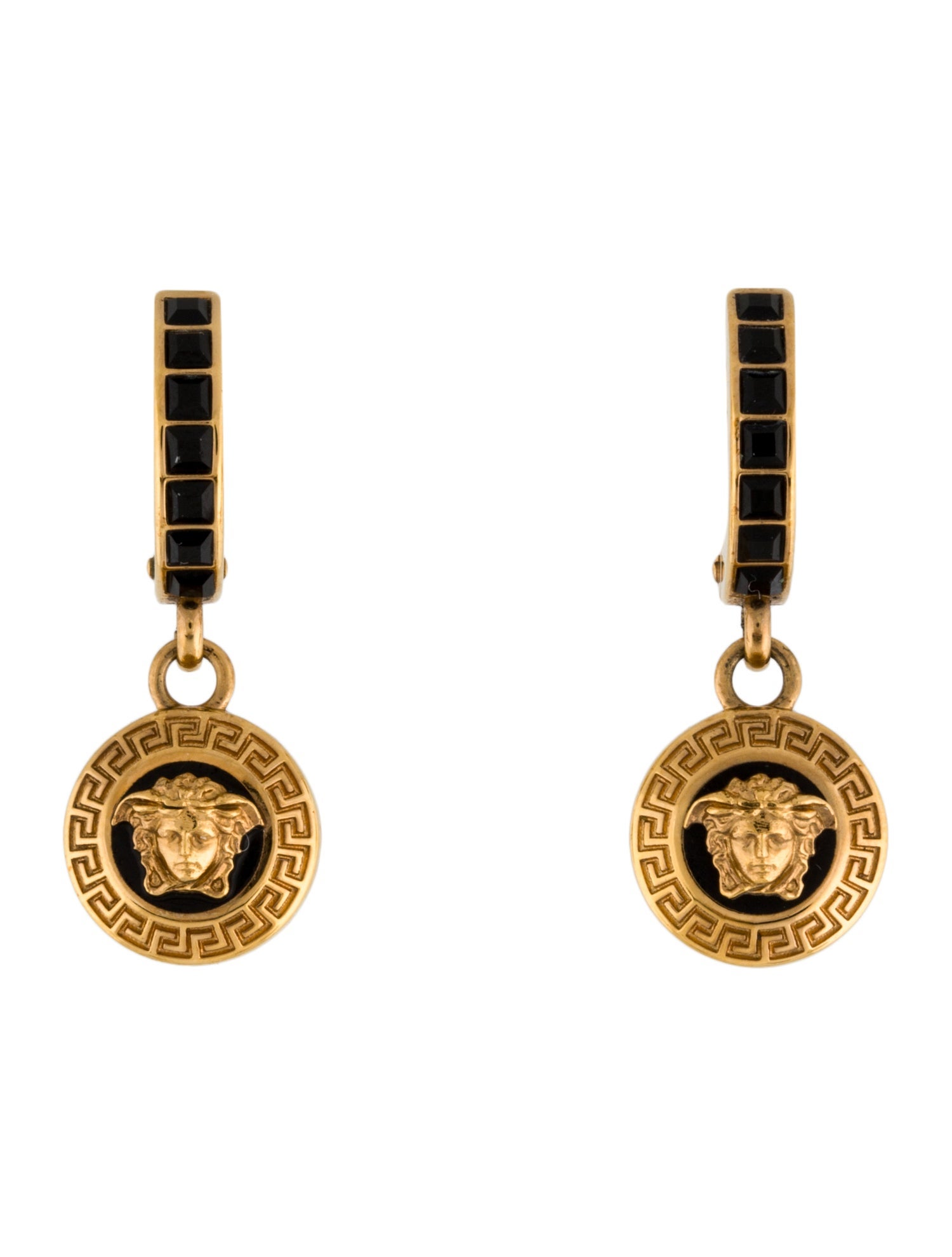 Versace Crystal Medusa Hoop Drop Earrings - Black, Gold-Tone Metal Hoop ...