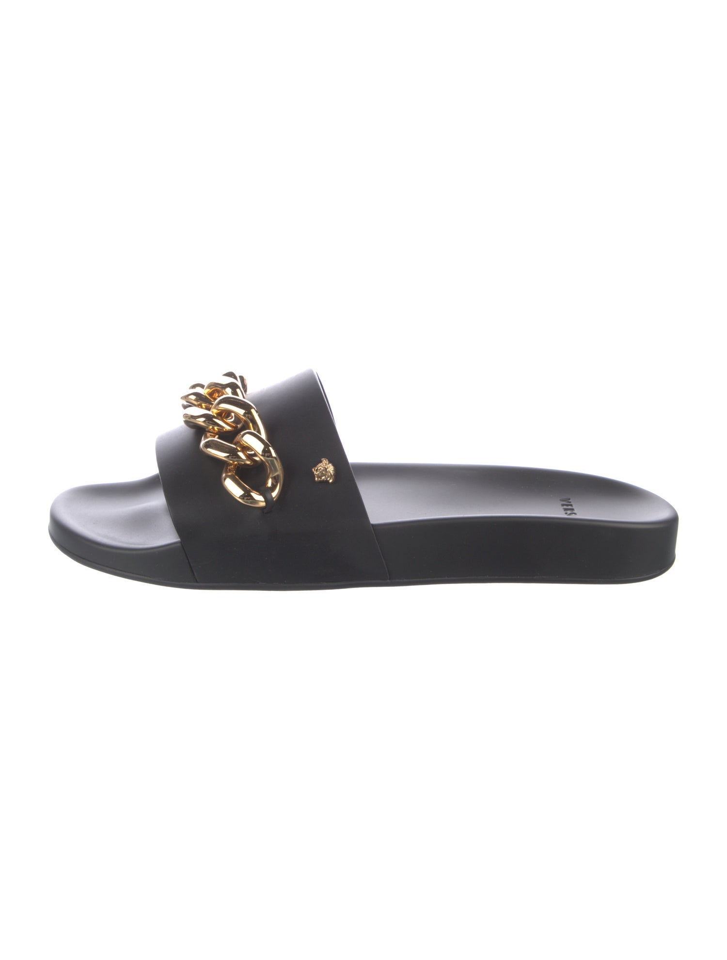 Versace Leather Chain-Link Accents Slides - Black Sandals, Shoes ...