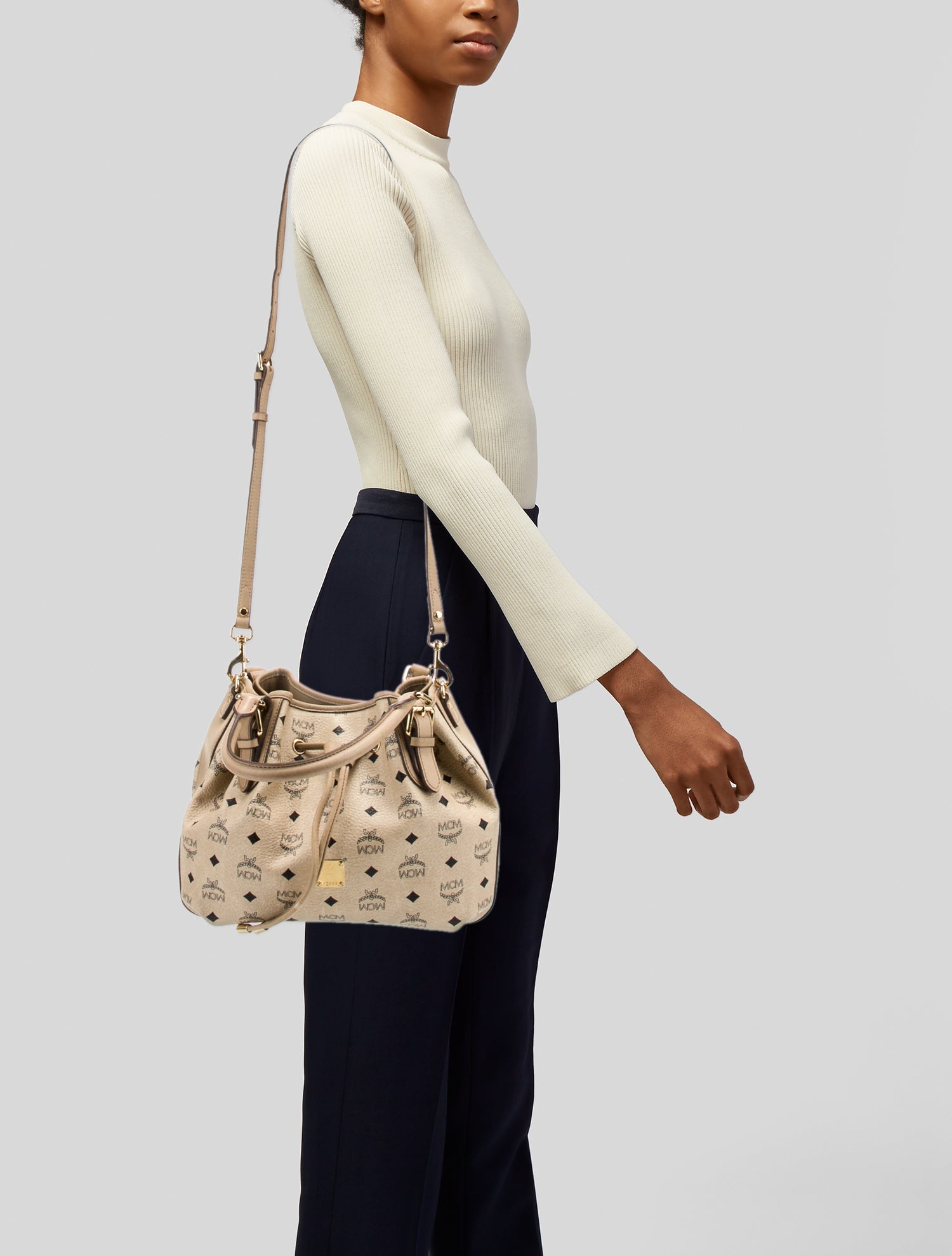 MCM Leather-Trimmed Visetos Drawstring Tote - Neutrals Totes, Handbags ...