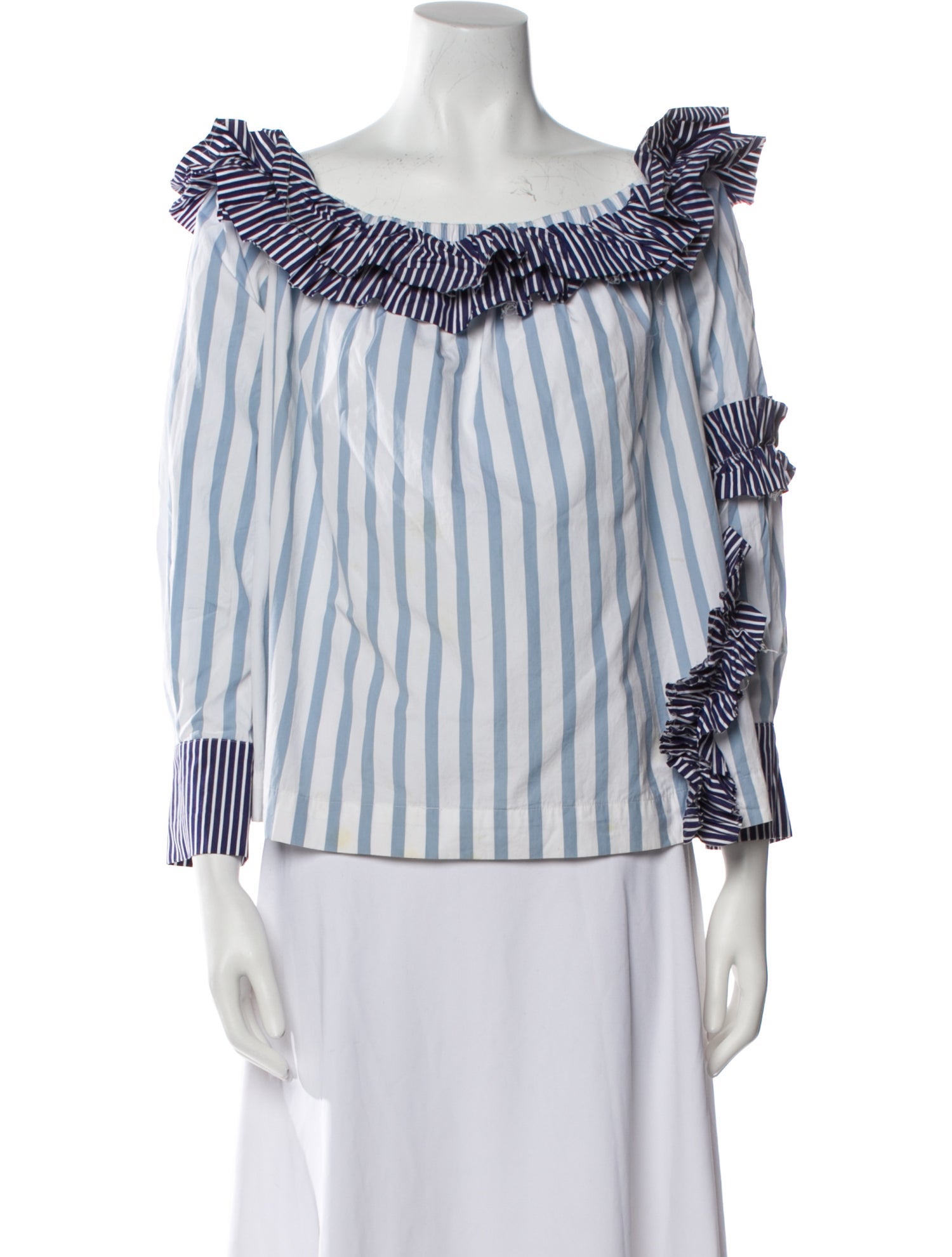 MSGM Striped Off-The-Shoulder Blouse - Blue Tops, Clothing - W3G43625 | The RealReal