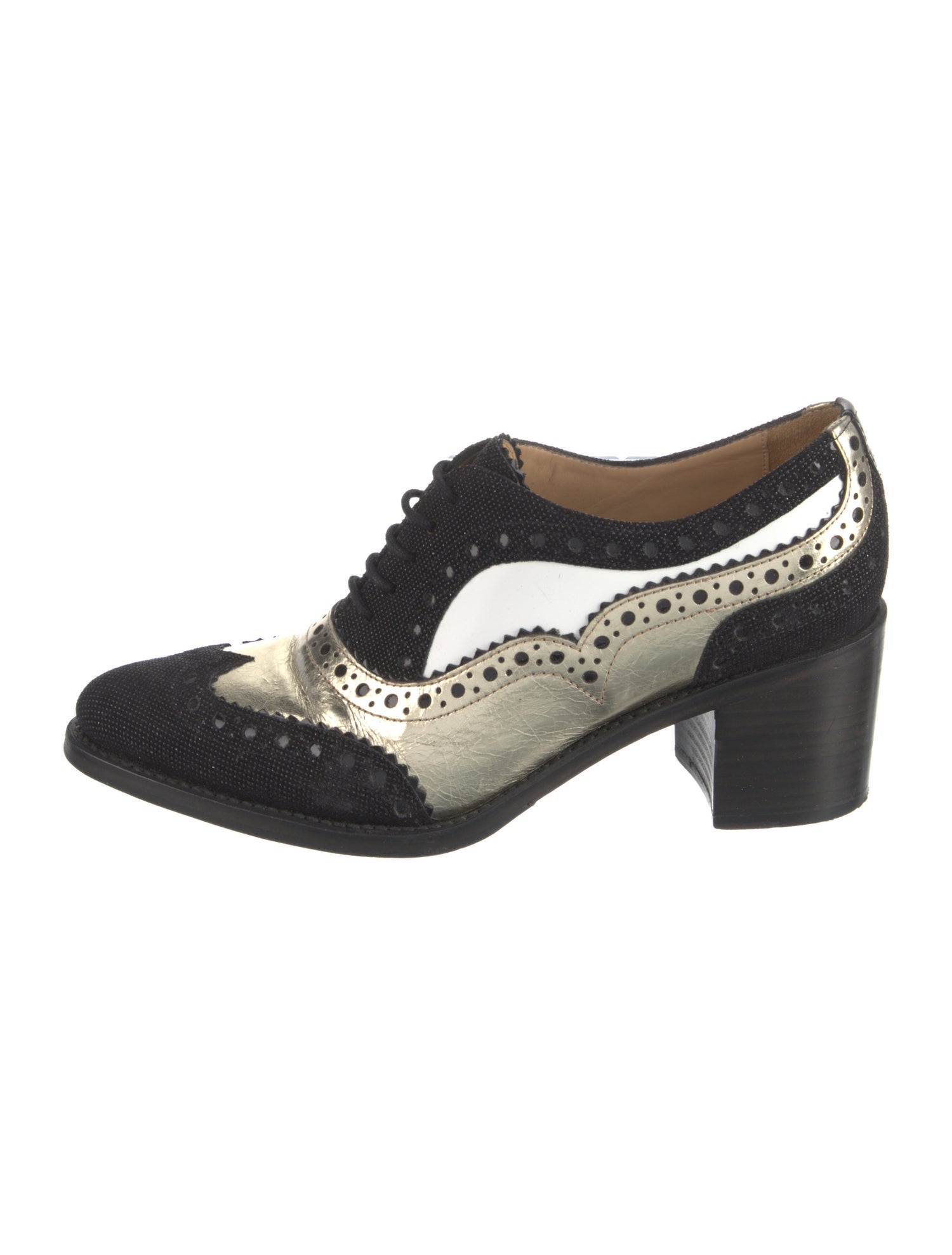 The Office of Angela Scott Leather Colorblock Pattern Oxfords - Gold ...