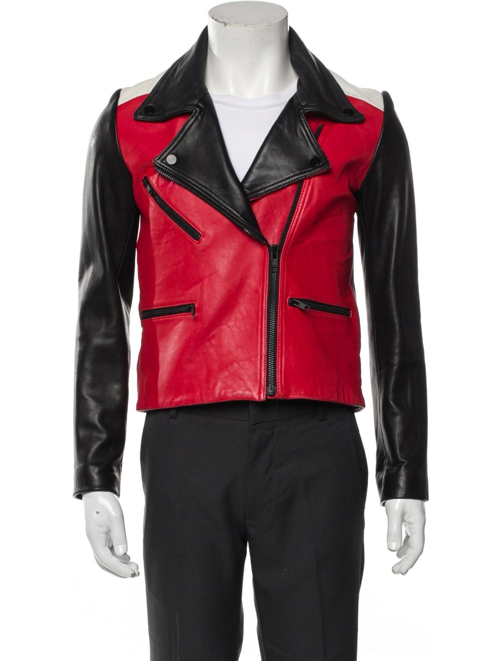 American Retro Lamb Leather Colorblock Pattern Moto Jacket - Burgundy ...