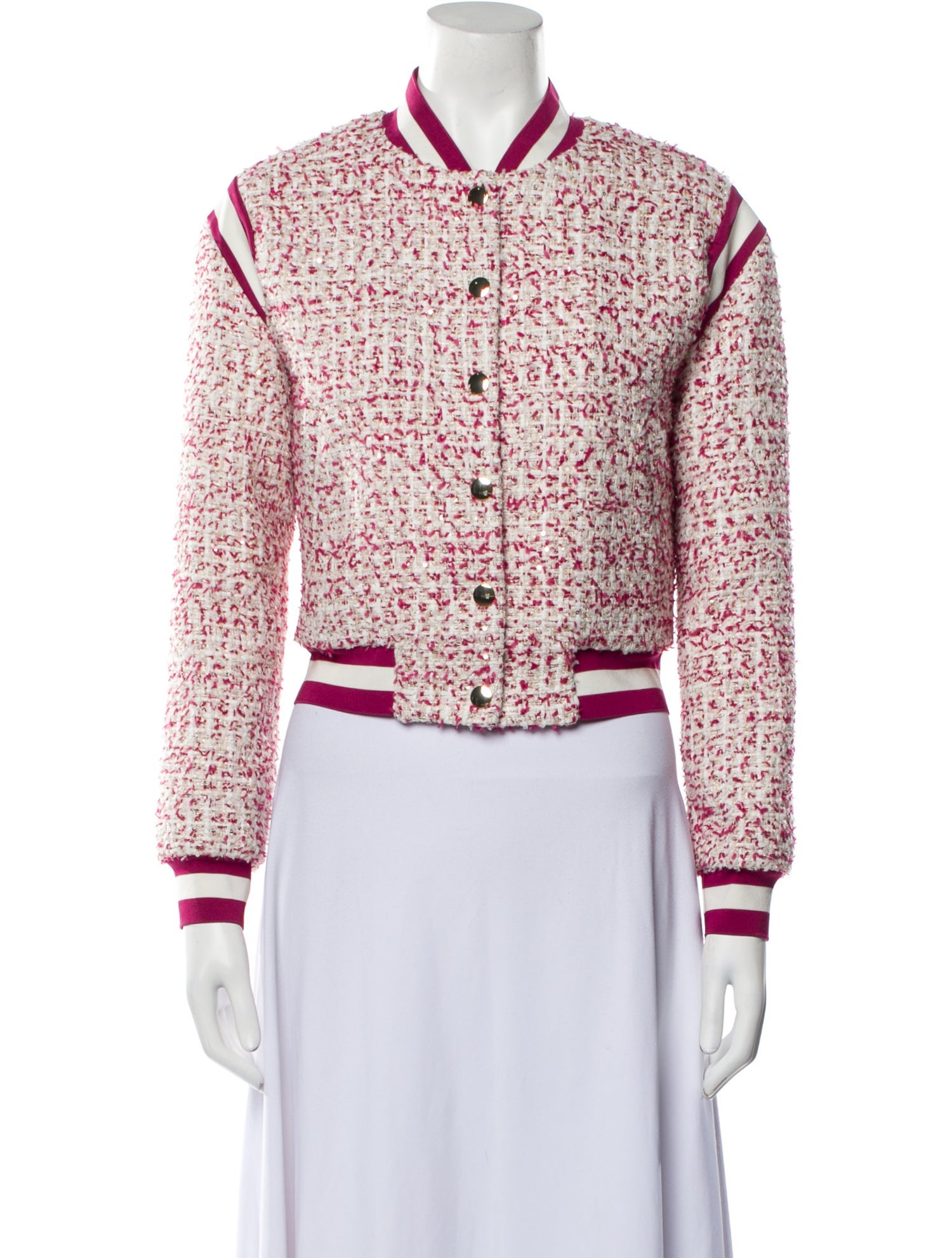 Alice + Olivia Tweed Pattern Bomber Jacket - Pink Jackets, Clothing ...