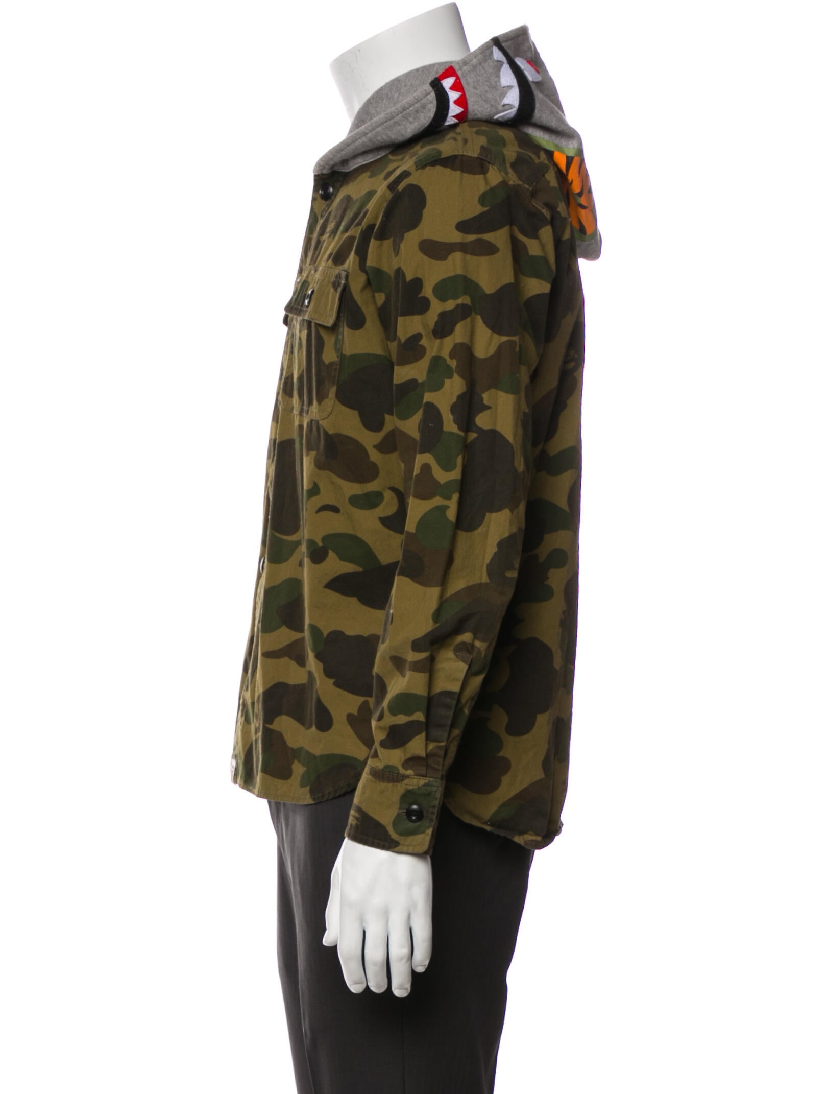 A Bathing Ape Hooded Shark Camouflage Print Jacket - Green Outerwear ...
