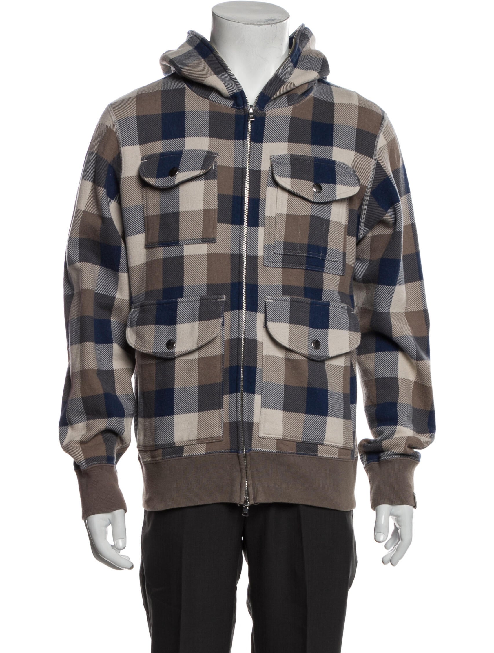 A Bathing Ape Plaid Print Crew Neck Hoodie - Blue Sweatshirts & Hoodies ...