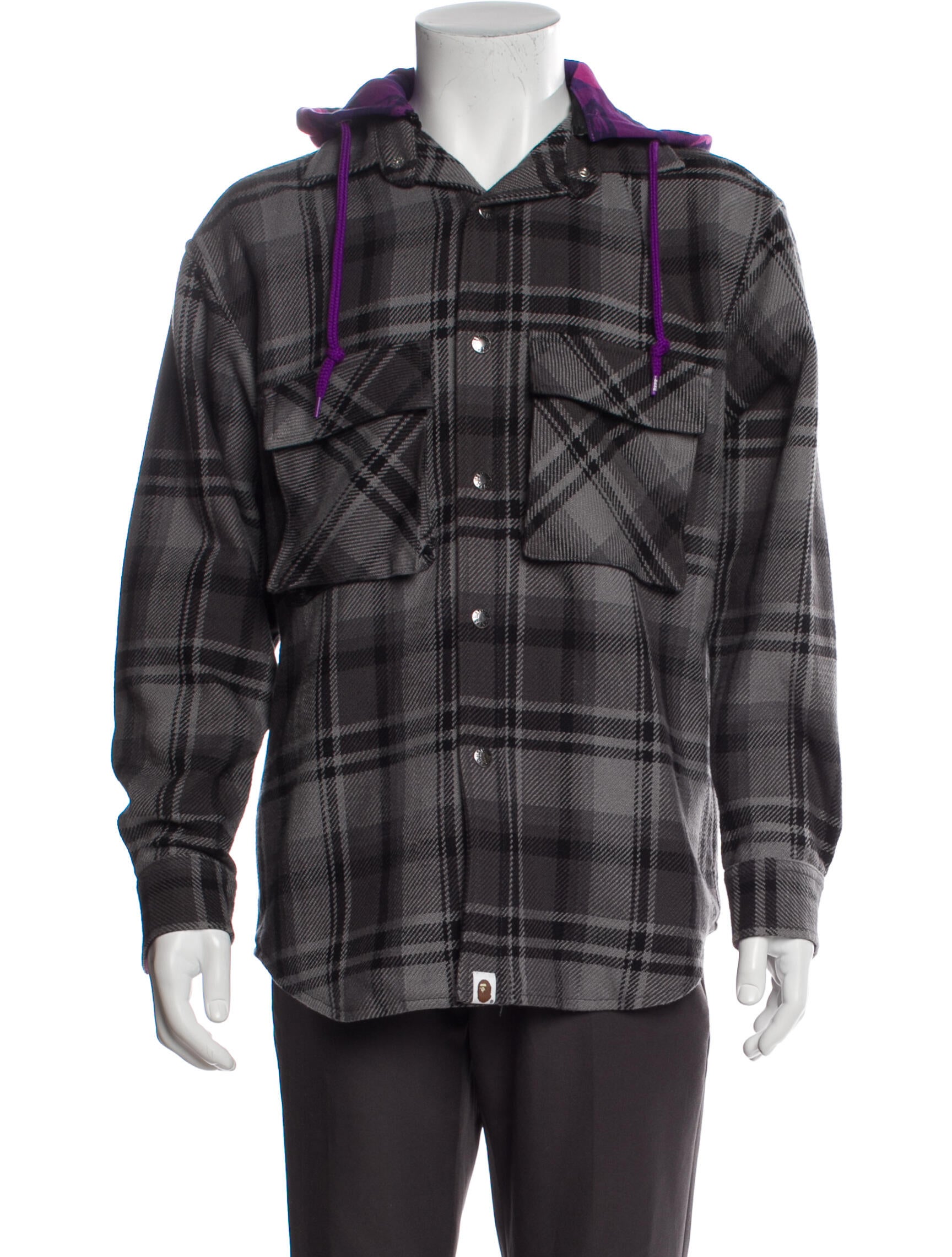 A Bathing Ape Color Camo Hooded Flannel Plaid Print Puffer Coat - Grey ...