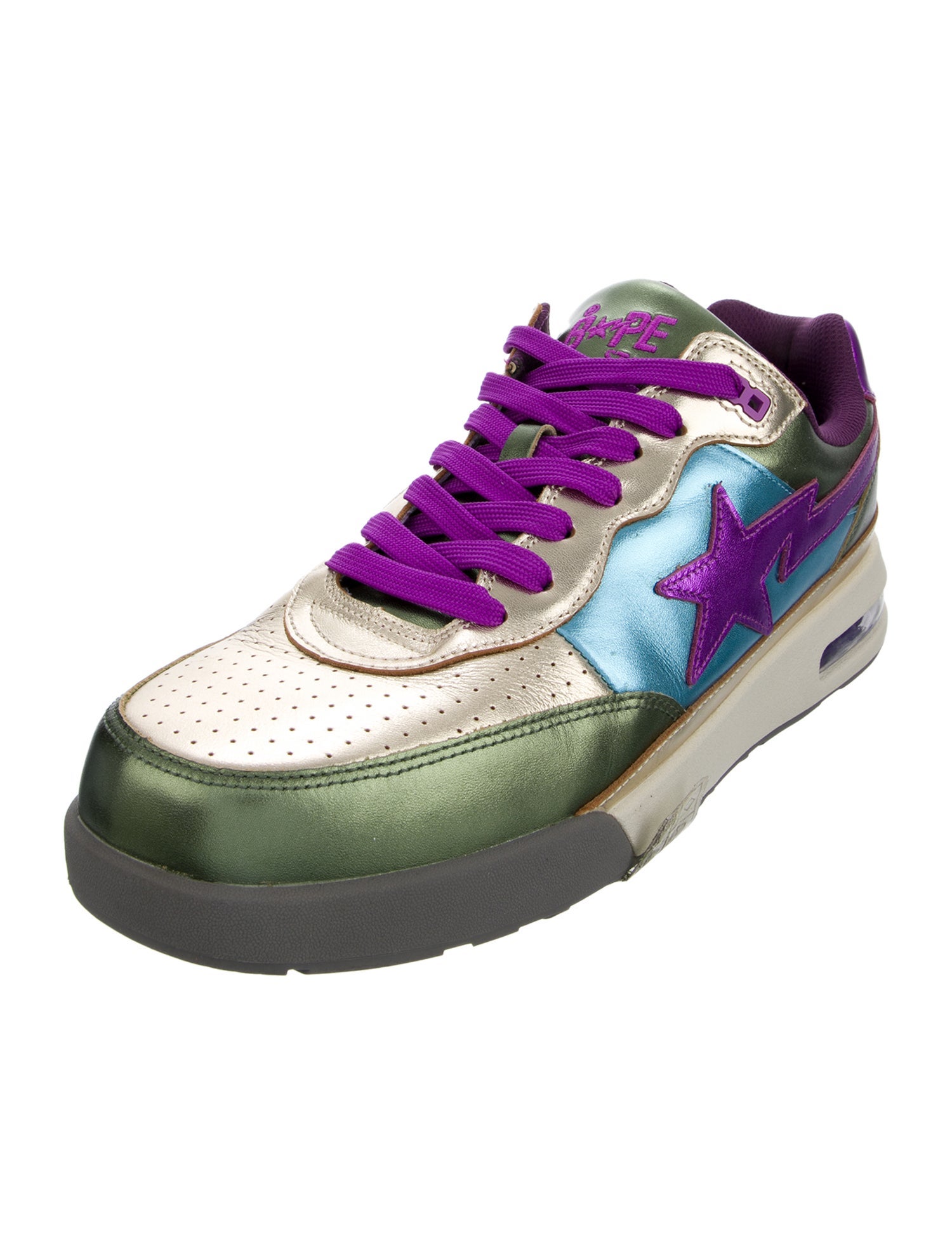 A Bathing Ape Leather Colorblock Pattern Sneakers - Gold Sneakers ...