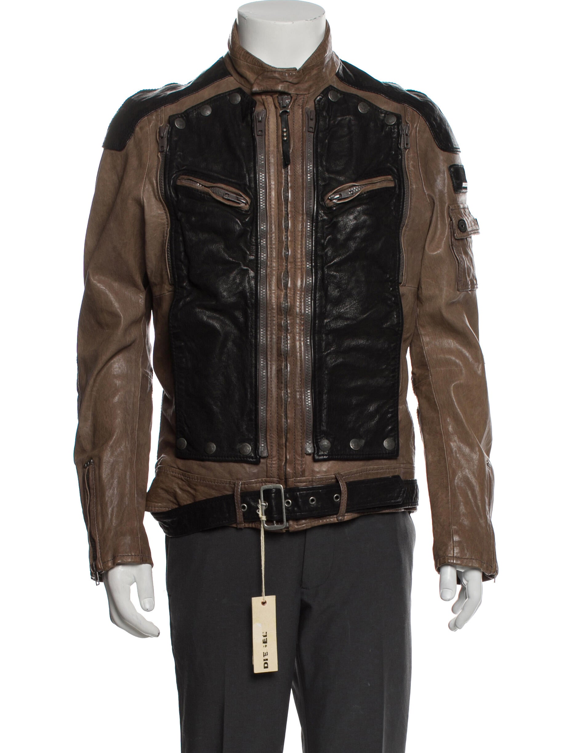Diesel Lamb Leather Colorblock Pattern Moto Jacket - Brown Outerwear ...