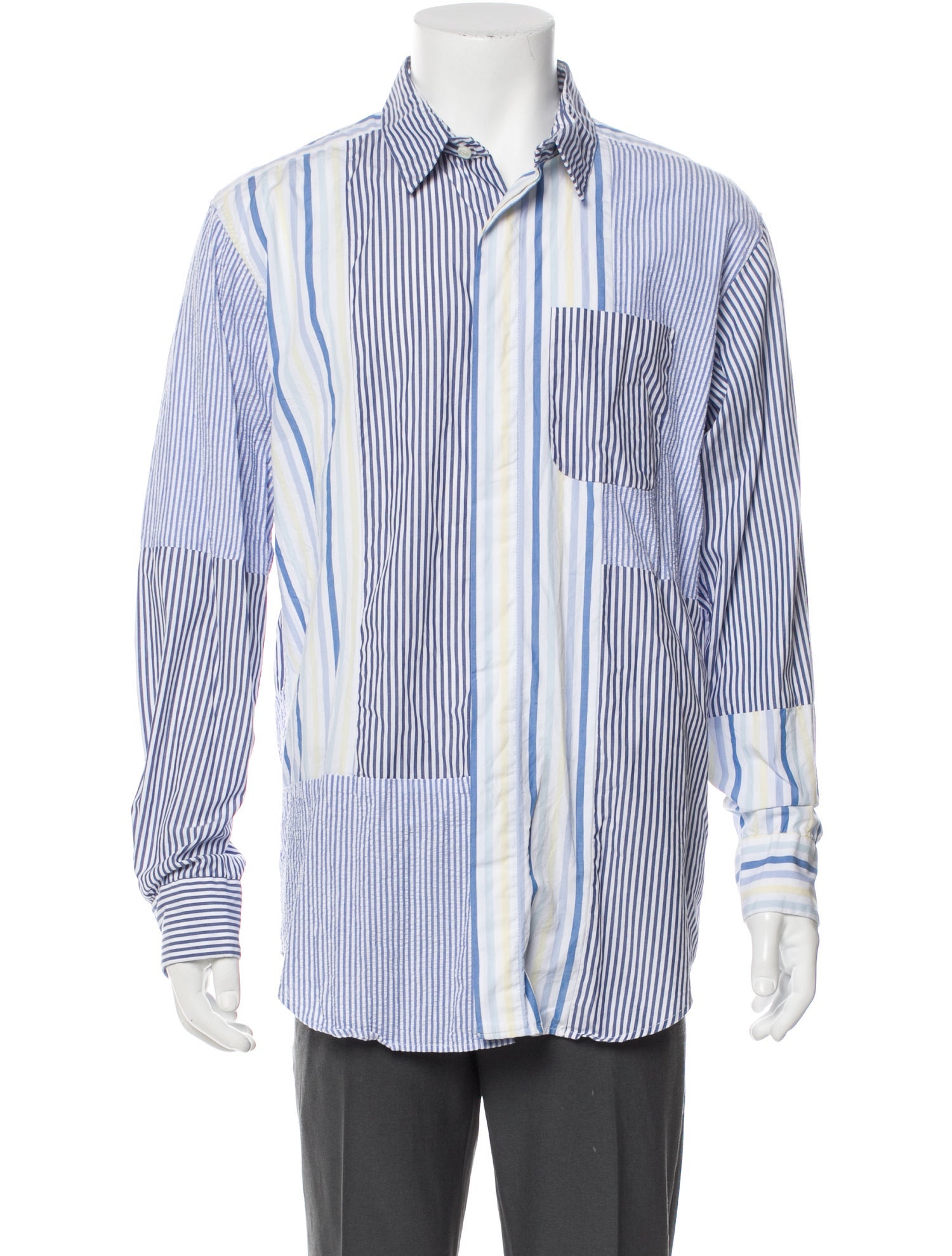 Engineered Garments Stripe patchwork Striped Shirt - Blue Casual Shirts ...