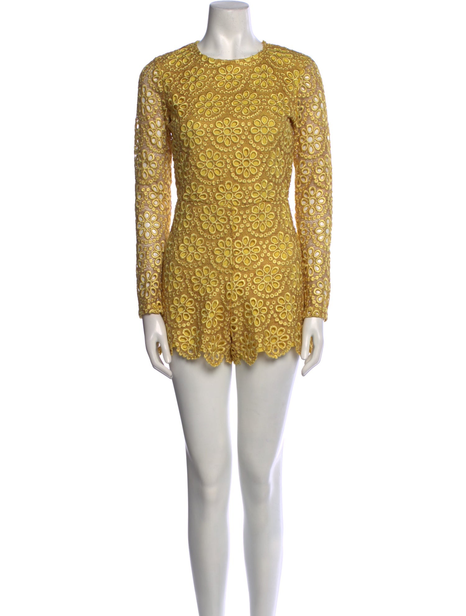 Alexis Lace Pattern Crew Neck Romper - Yellow, 7.25" Rise Jumpsuits and ...