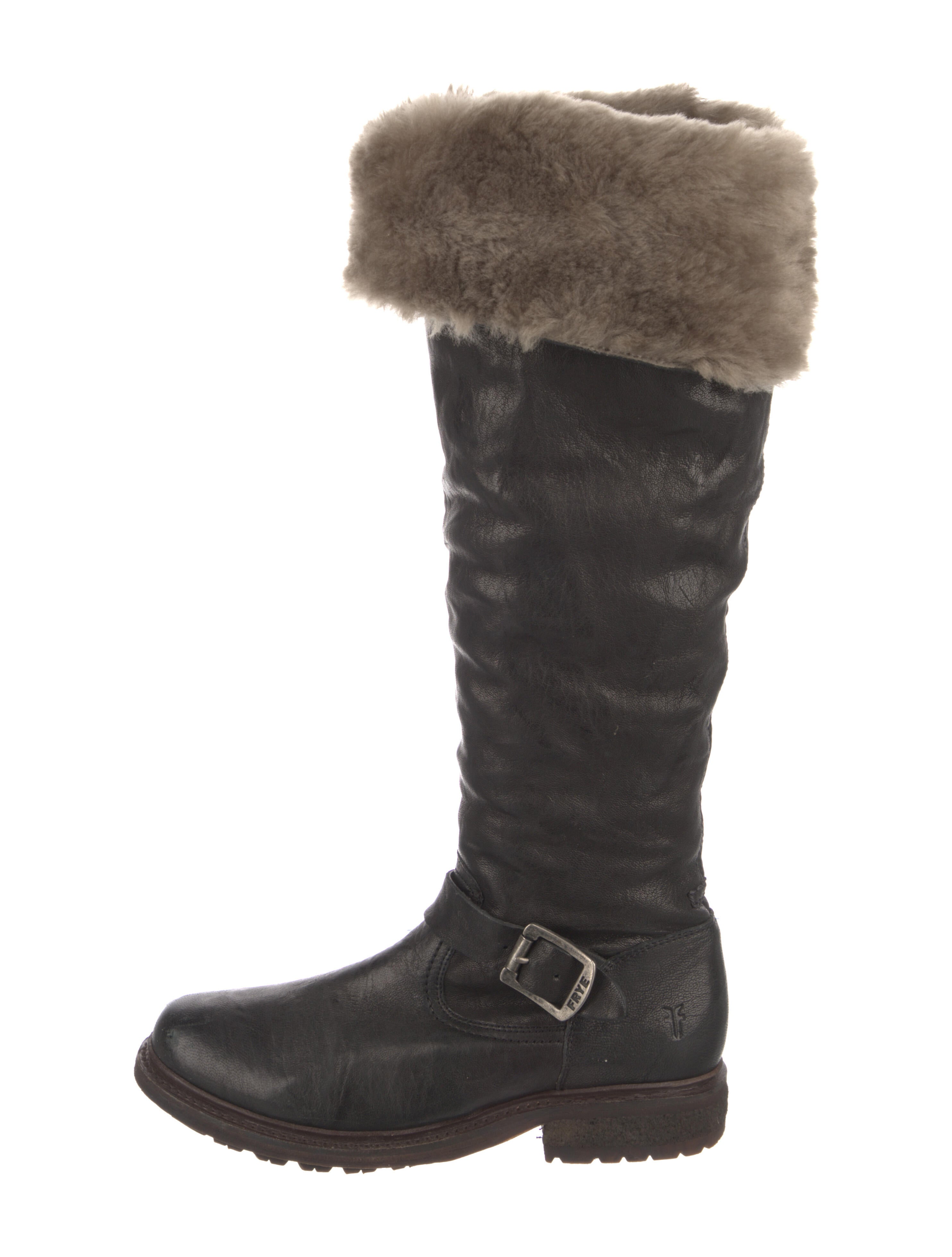 Frye Leather Faux Fur Trim Riding Boots - Black Boots, Shoes - WF836641 ...
