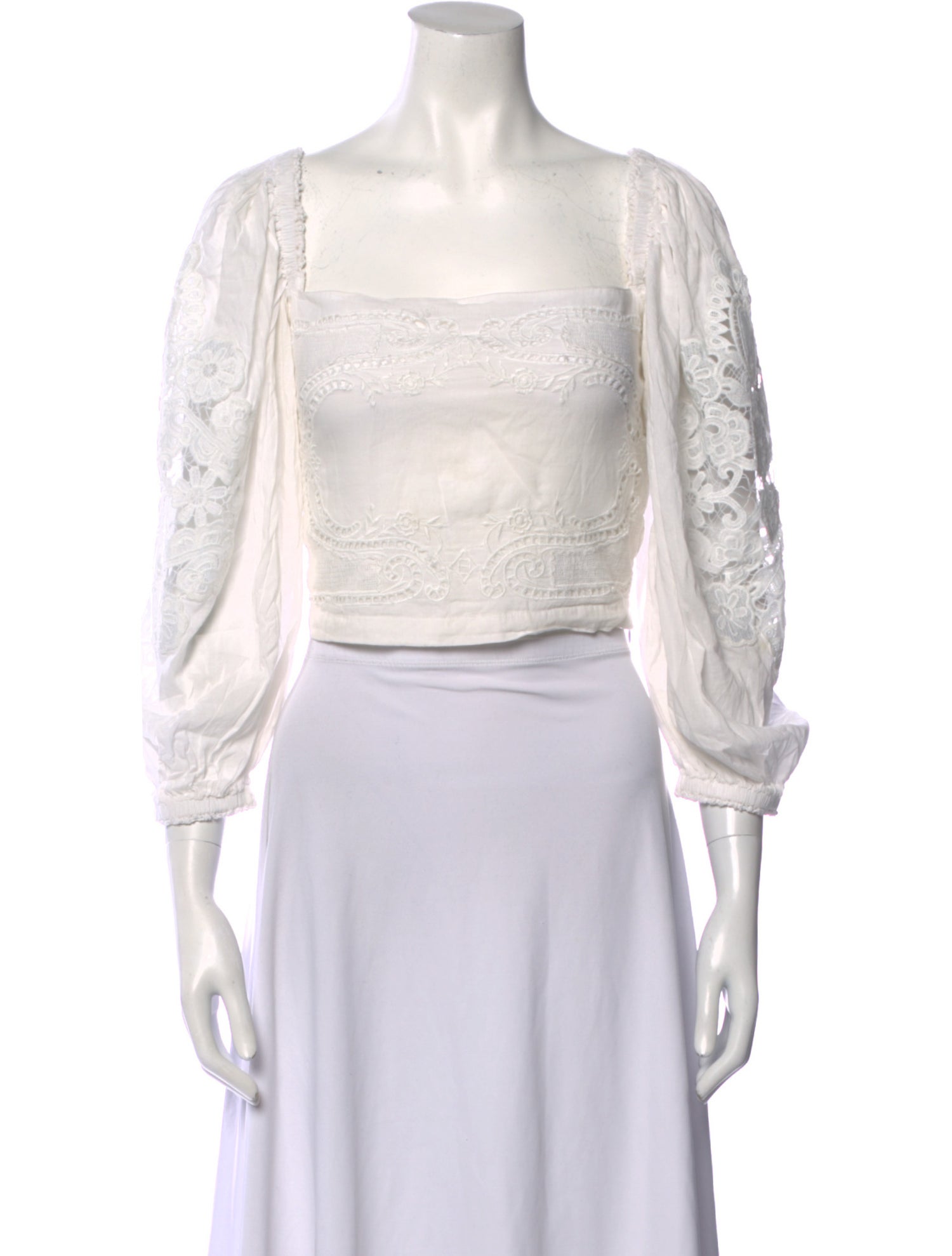 Farm Rio Square Neckline Three-Quarter Sleeve Crop Top - White Tops ...