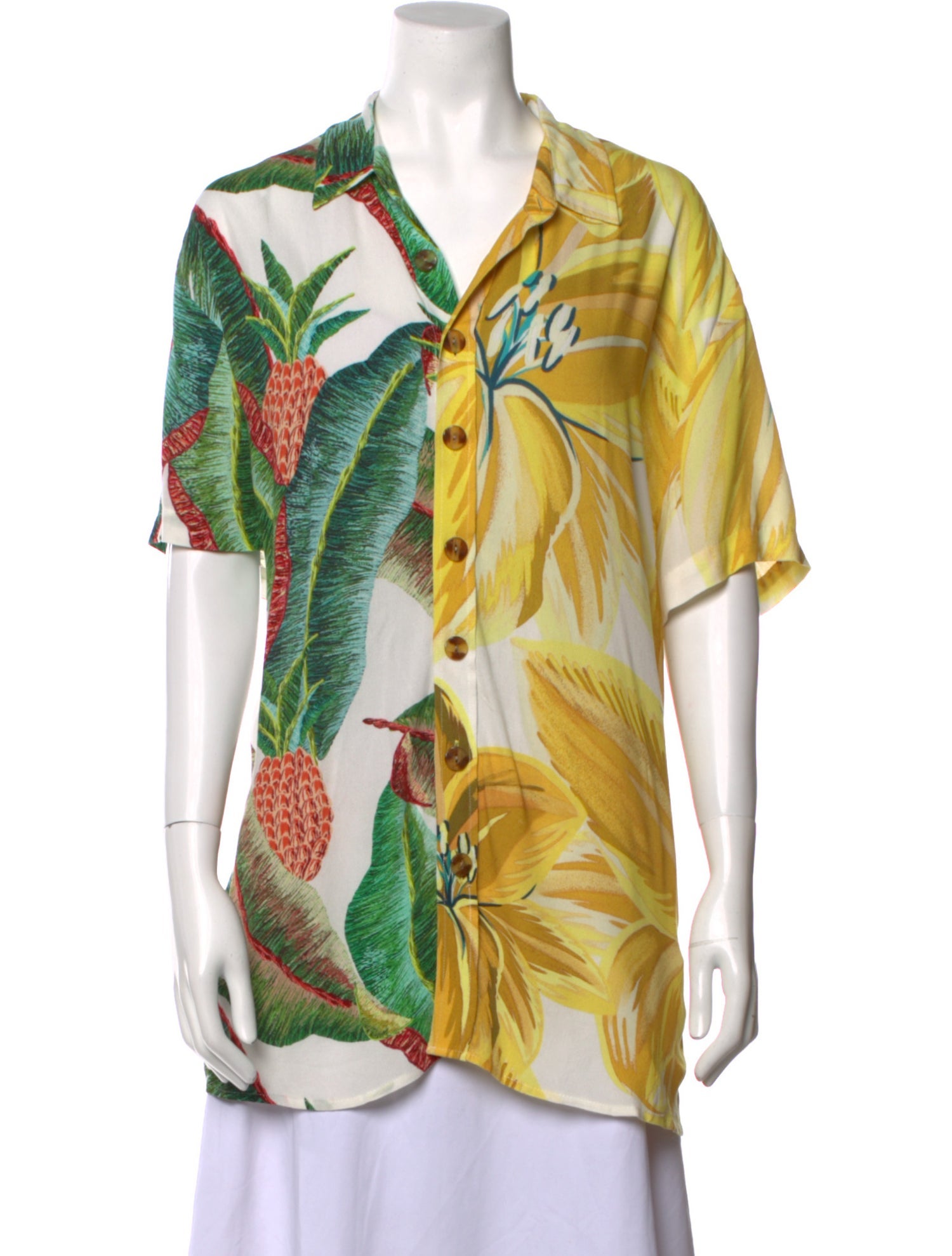 Farm Rio Printed V-Neck Button-Up Top - Yellow Tops, Clothing ...