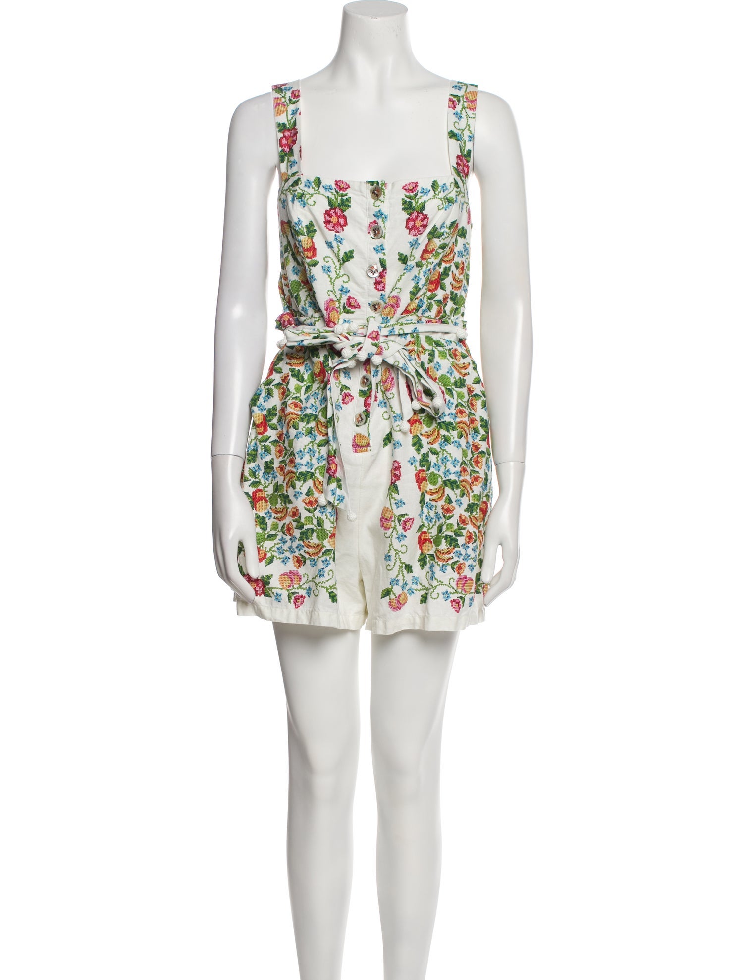 Farm Rio Floral Print Square Neckline Romper - White, 14" Rise ...