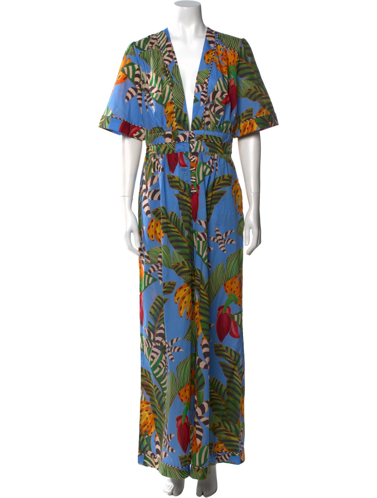 Farm Rio Printed Plunge Neckline Jumpsuit w/ Tags - Blue, 16" Rise ...