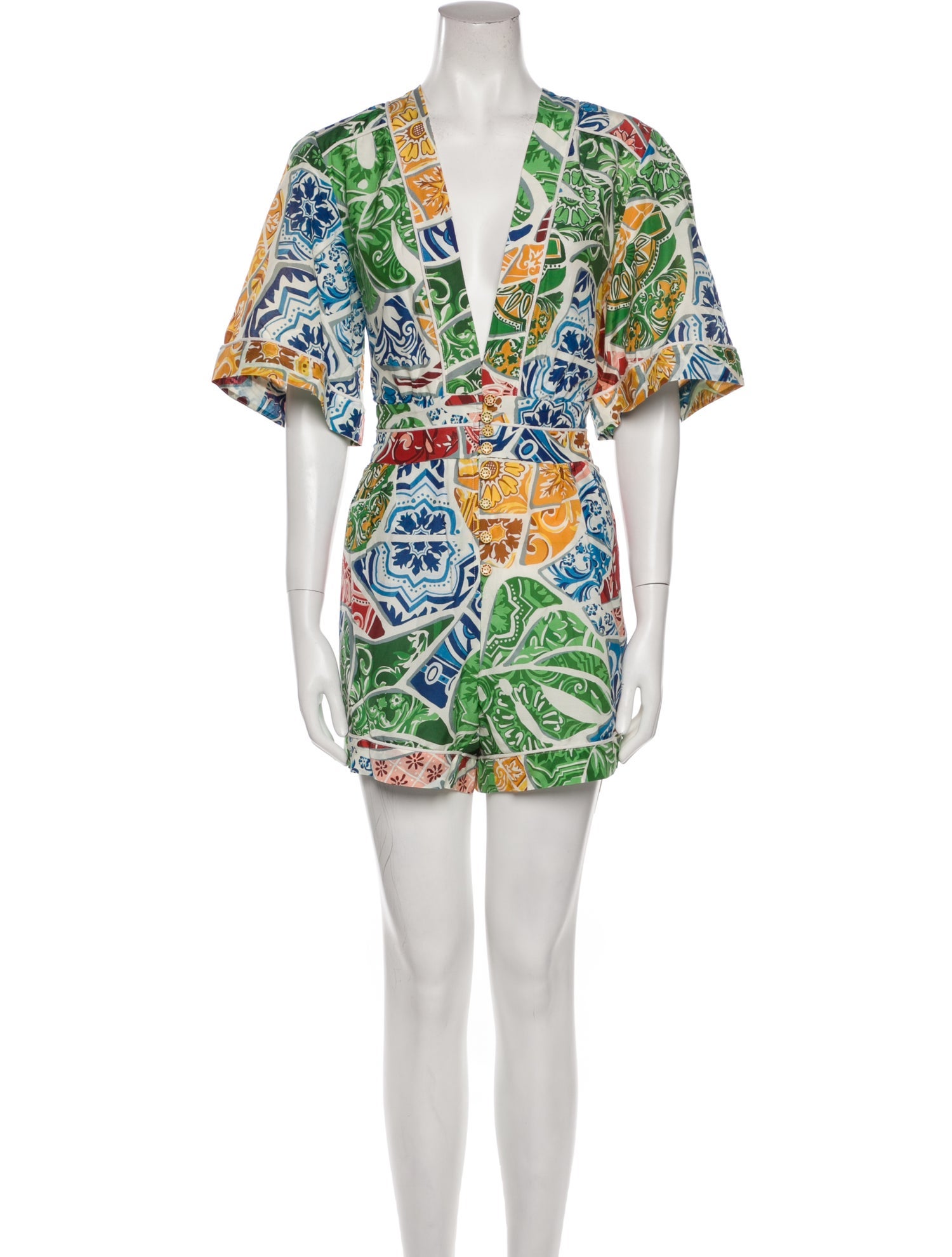 Farm Rio Printed Plunge Neckline Romper - White, 15" Rise Jumpsuits and ...