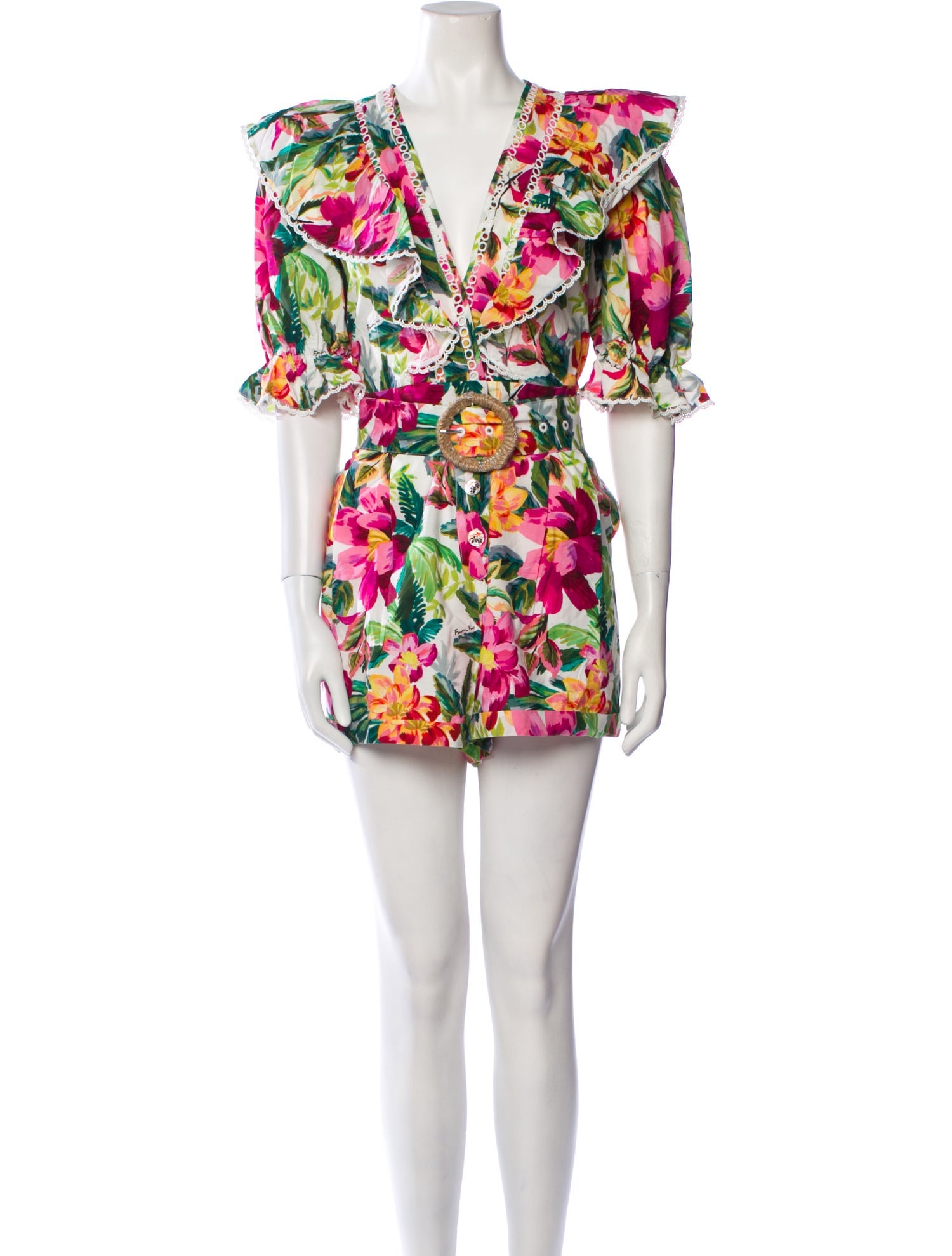 Farm Rio Floral Print V-Neck Romper - White, 3.25" Rise Jumpsuits and ...