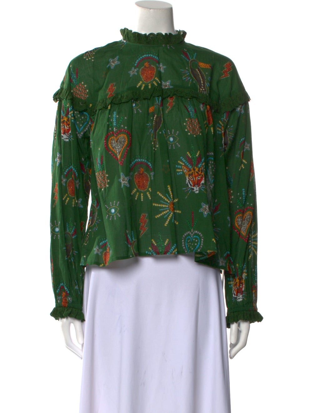 Farm Rio Blouse Green Floral Print Crochet Trim Long … - Gem