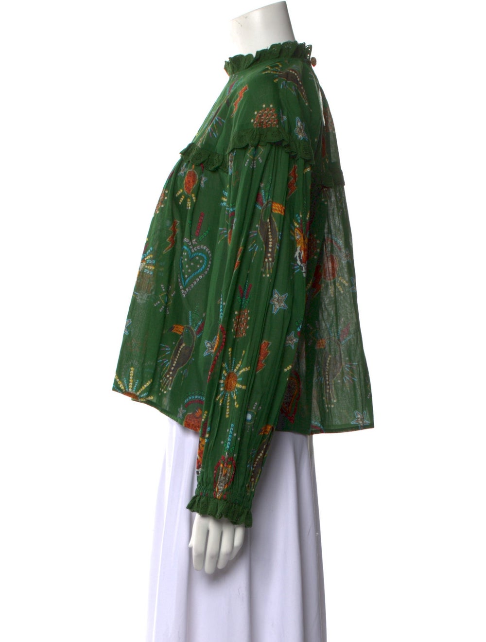 Farm Rio Blouse Green Floral Print Crochet Trim Long … - Gem