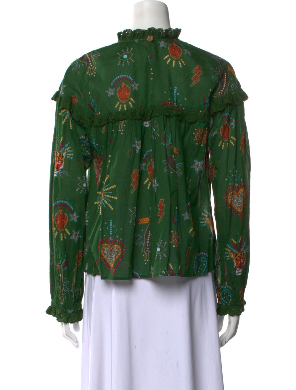 Farm Rio Blouse Green Floral Print Crochet Trim Long … - Gem