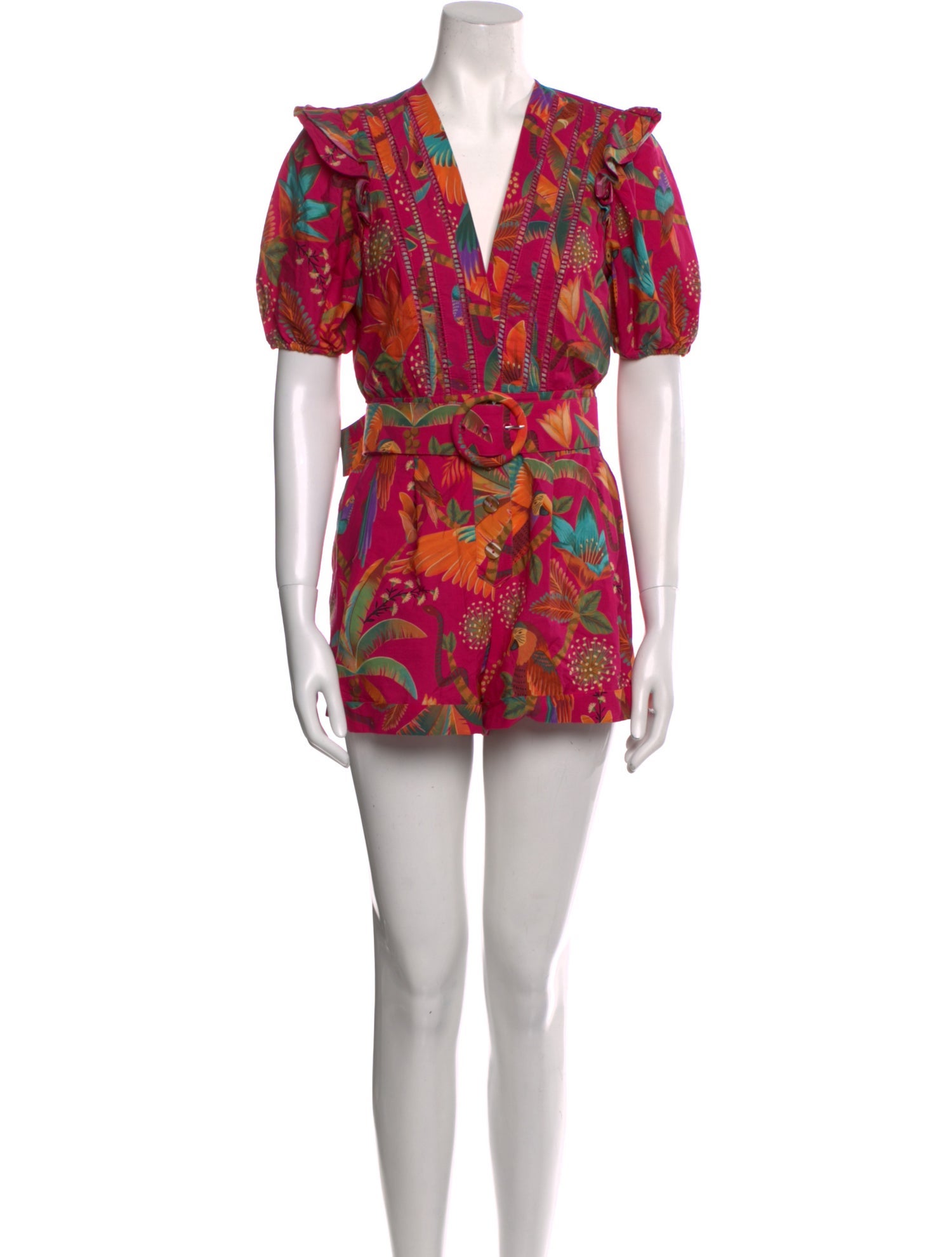 Farm Rio Printed V-Neck Romper - Pink, 12.25" Rise Jumpsuits and ...