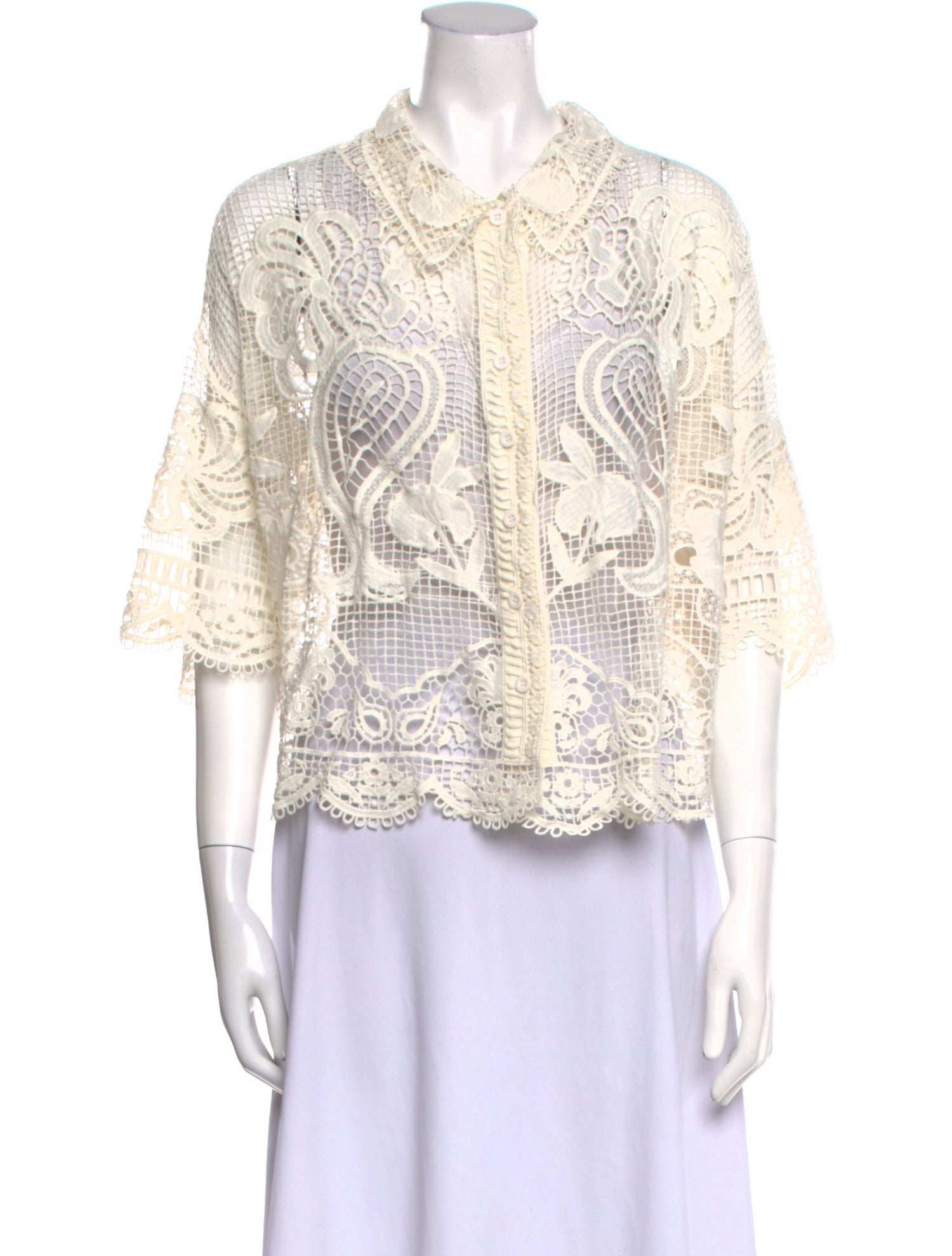Farm Rio Lace Pattern Three-Quarter Sleeve Button-Up Top - Neutrals ...