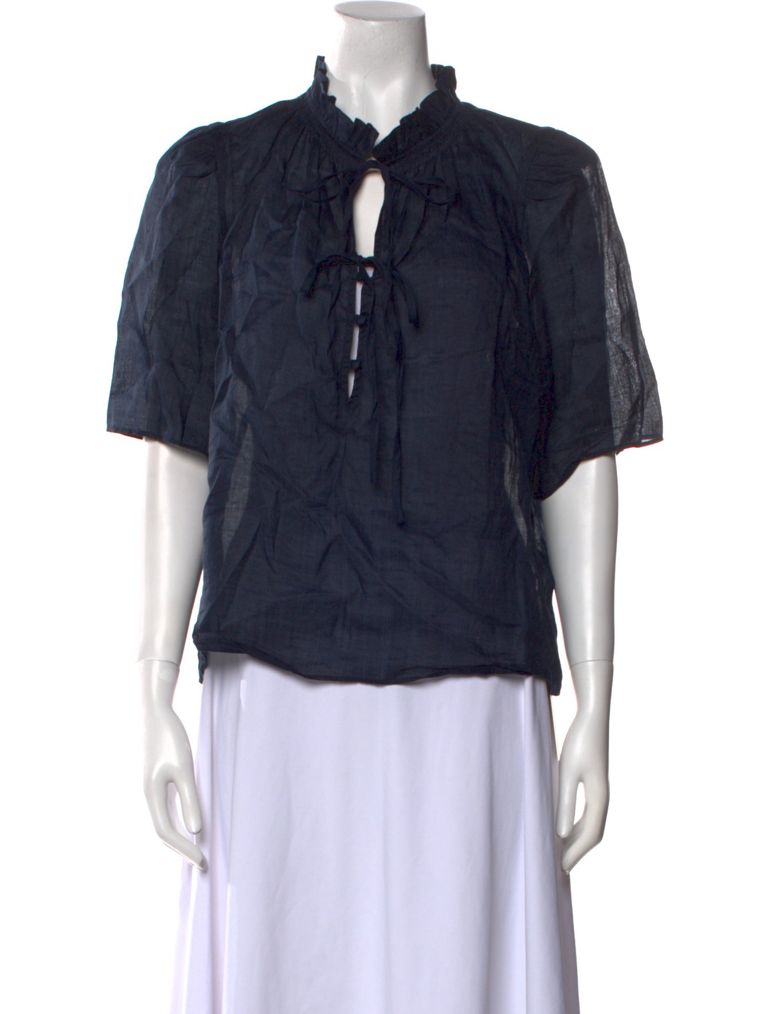 FRAME Mock Neck Short Sleeve Blouse - Blue Tops, Clothing - WFD240532 ...