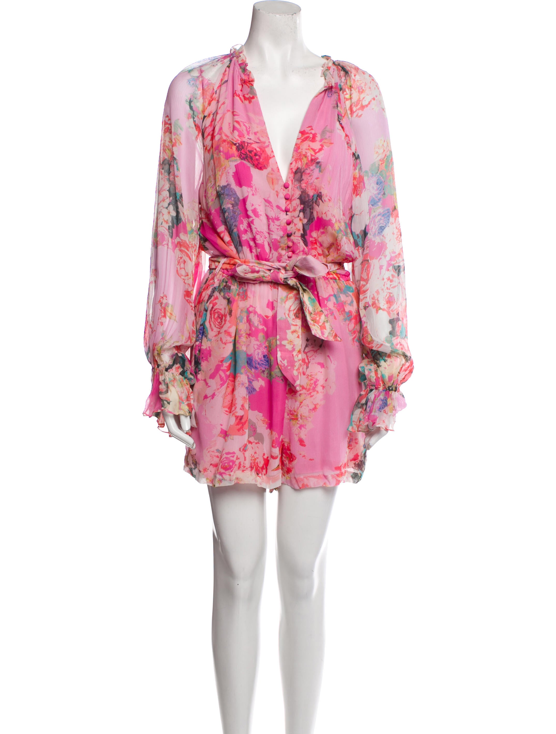 Rivet Utility Silk Floral Print Romper - Green, 8.5" Rise Jumpsuits and ...