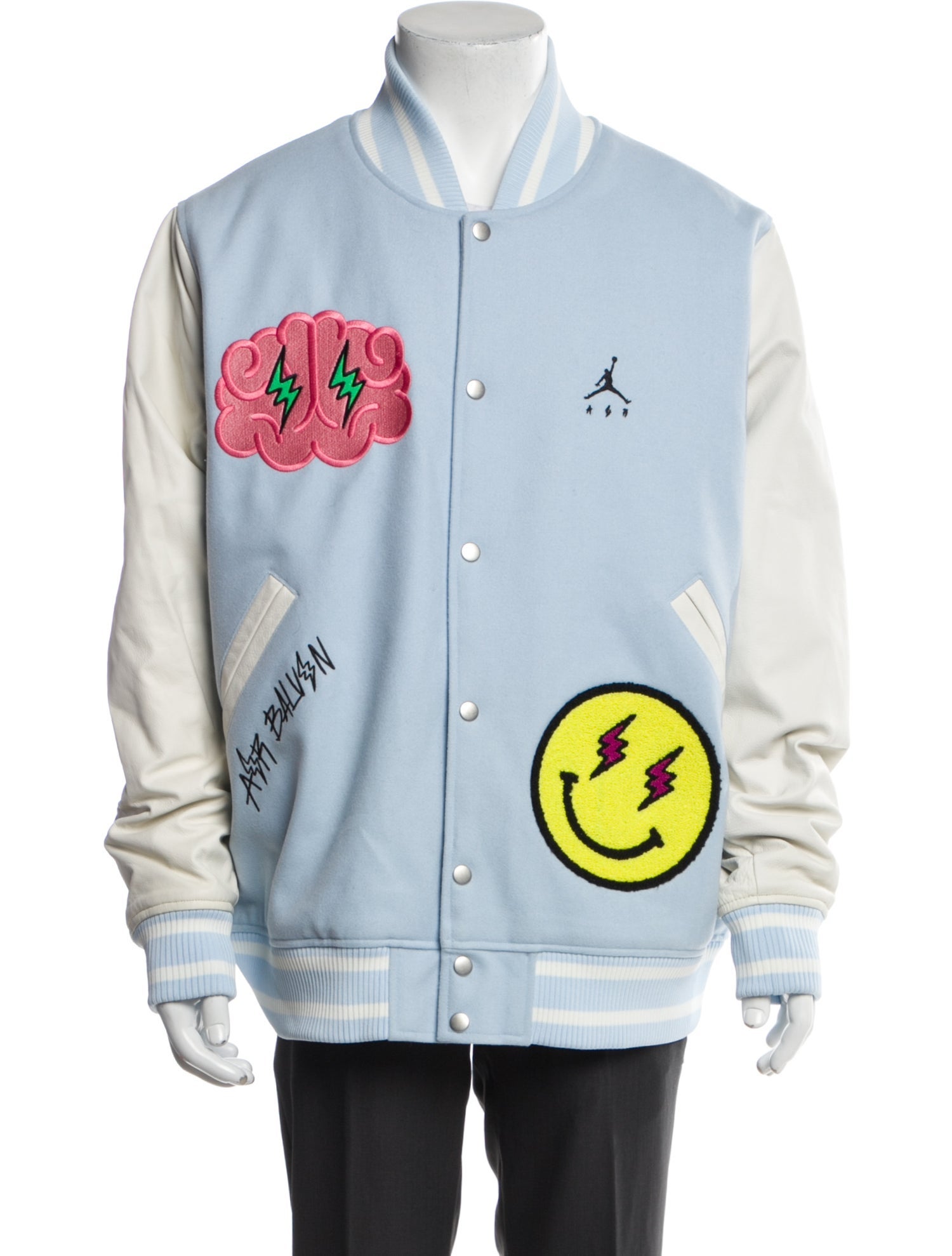 J. Balvin x Jordan Wool Graphic Print Varsity Jacket - Blue Outerwear ...