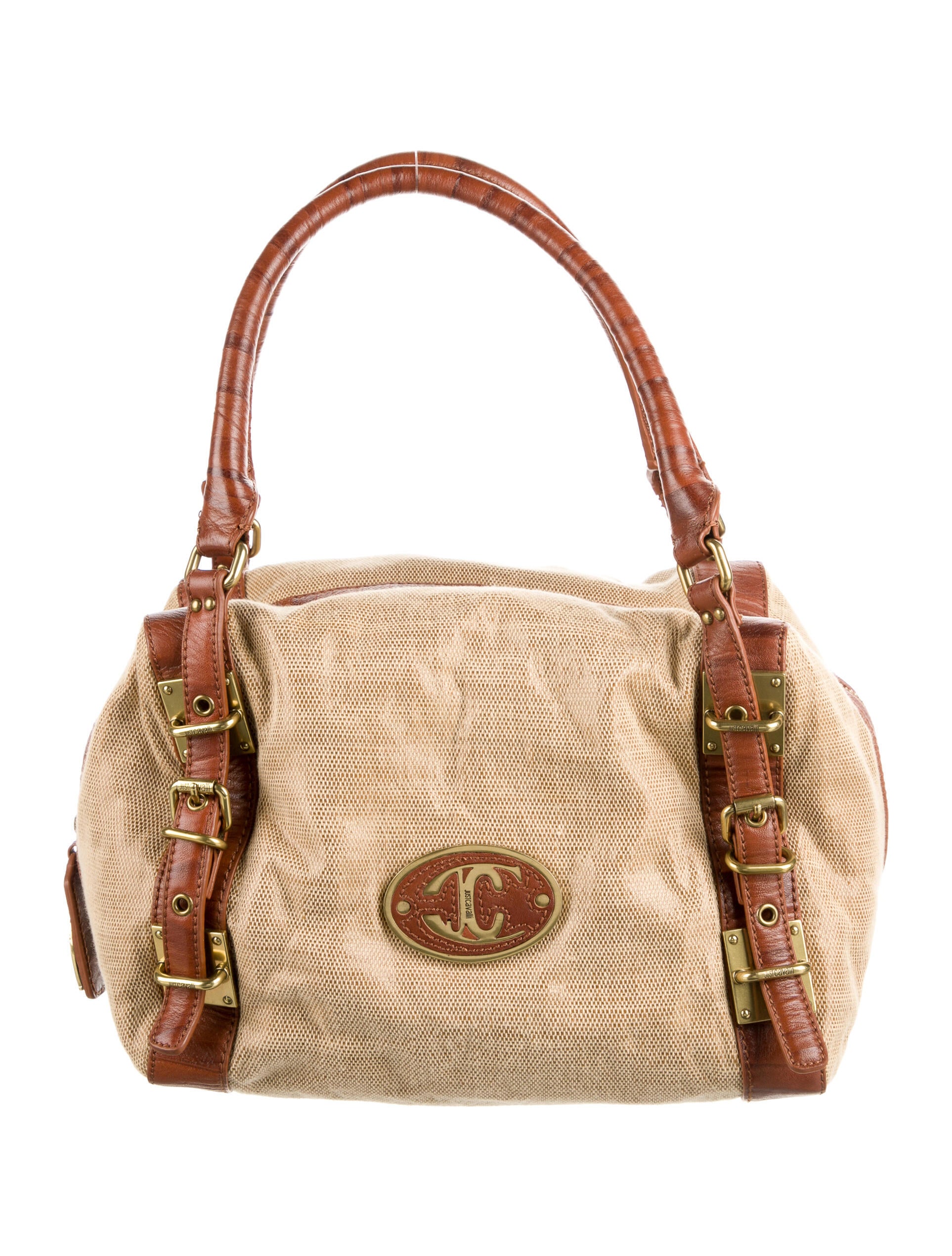 Just Cavalli Leather Trimmed Canvas Shoulder Bag - Neutrals Shoulder ...