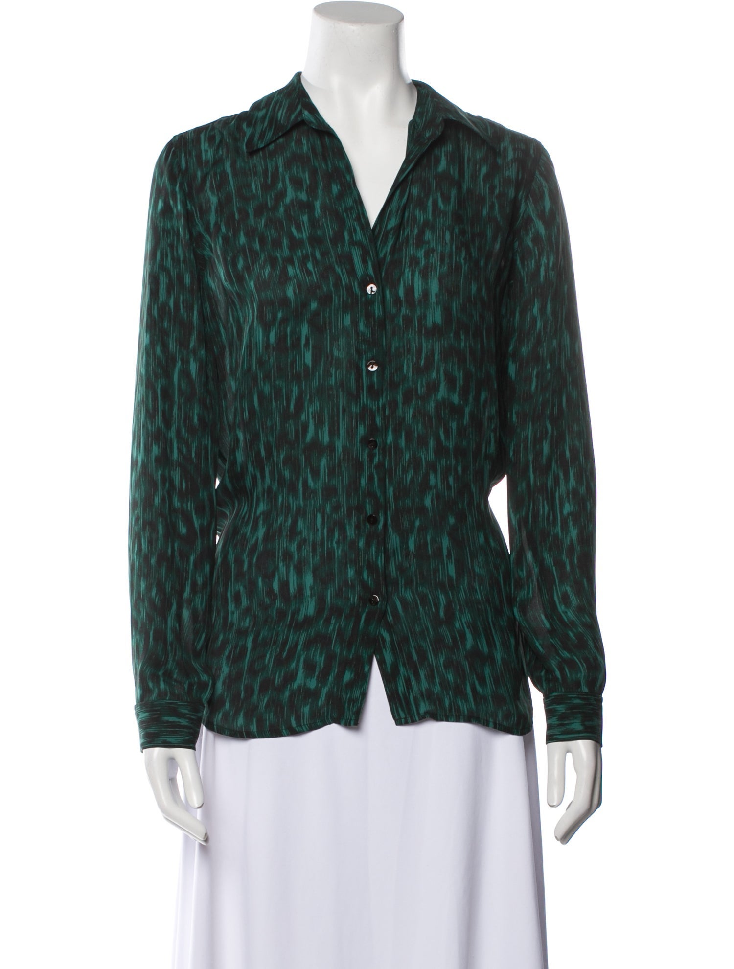 L'Agence Silk Animal Print Button-Up Top - Green Tops, Clothing ...