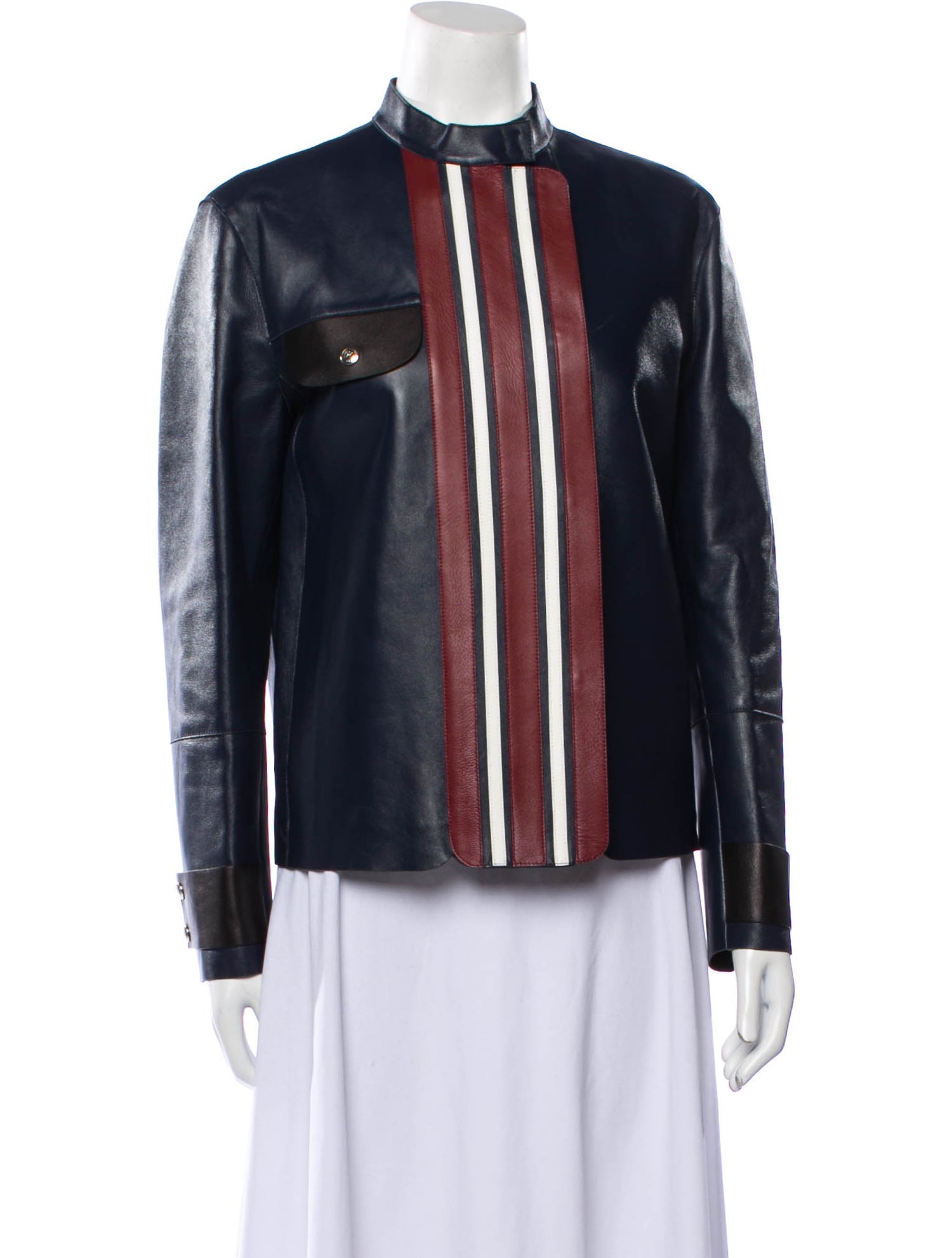 Longchamp Lamb Leather Striped Evening Jacket - Blue Jackets, Clothing ...