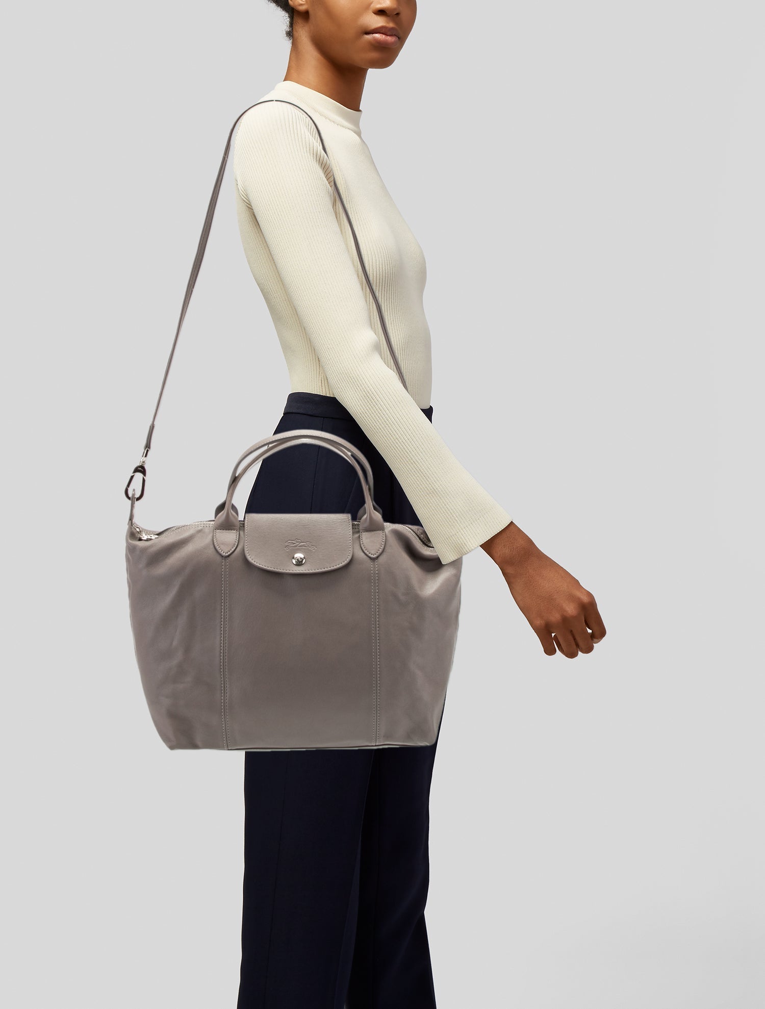 Longchamp Le Pliage Leather Shopping Bag - Grey Handle Bags, Handbags ...