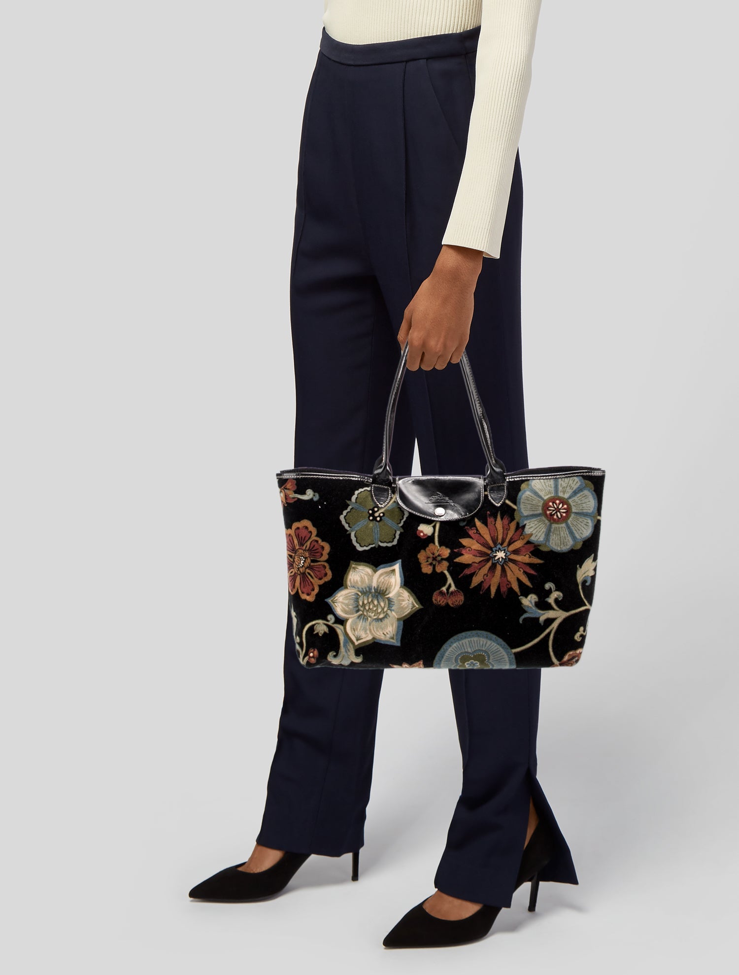 Longchamp Printed Velvet Le Pliage Tote - Black Totes, Handbags ...