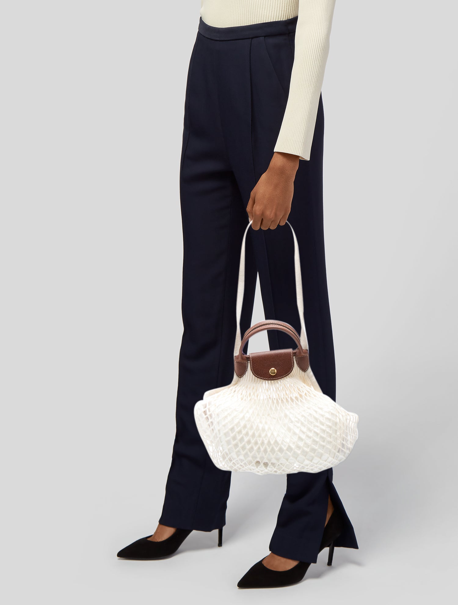 Longchamp Woven Leather-Trim Handle Bag - White Handle Bags, Handbags ...