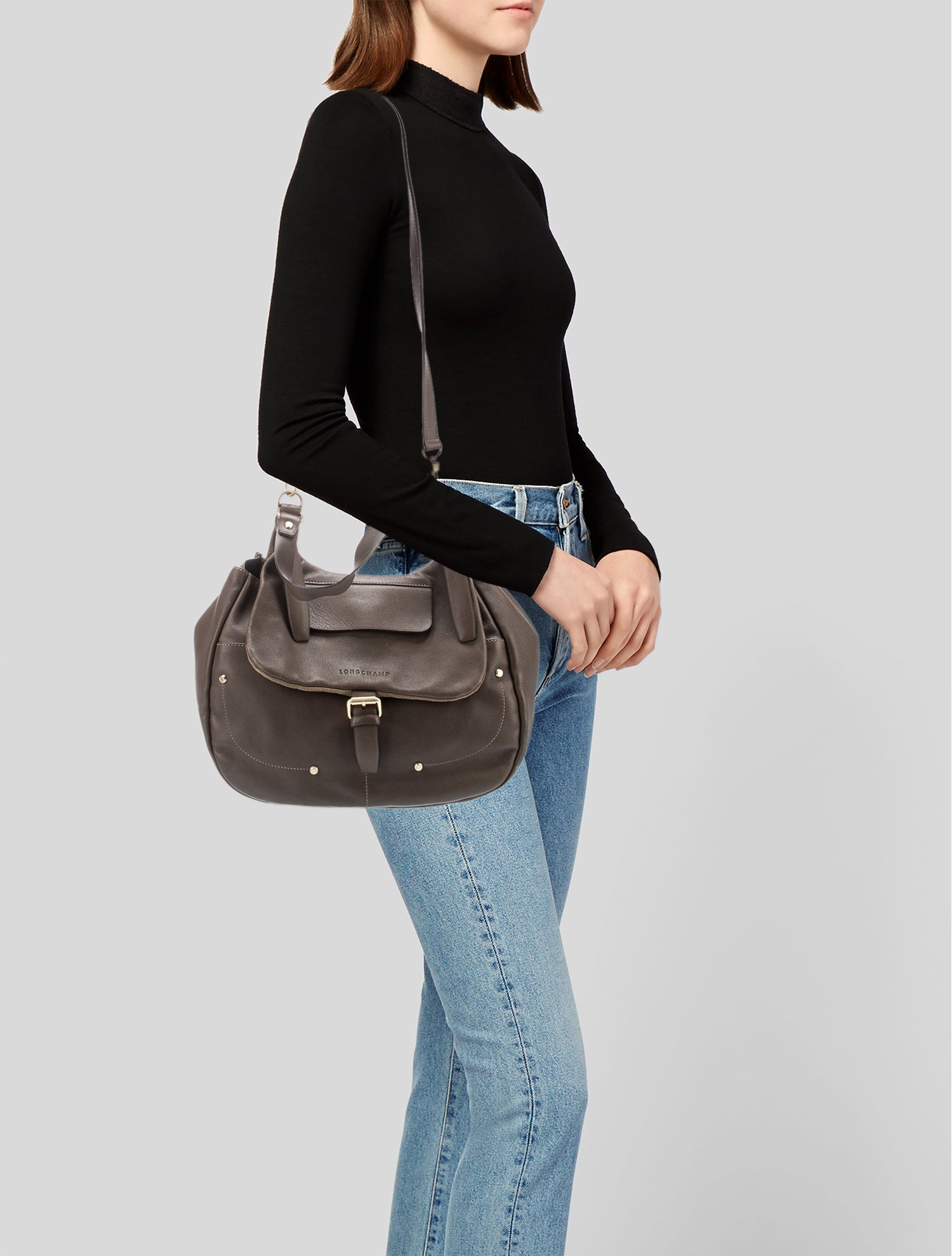 Longchamp Leather Shoulder Bag - Grey Shoulder Bags, Handbags ...