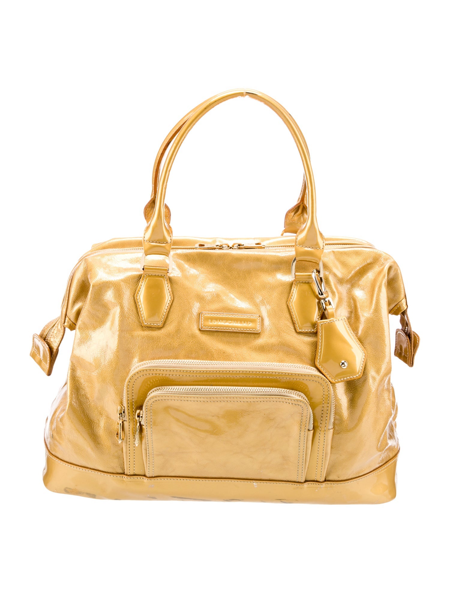 Longchamp Patent Leather Top Handle Bag - Gold Handle Bags, Handbags ...