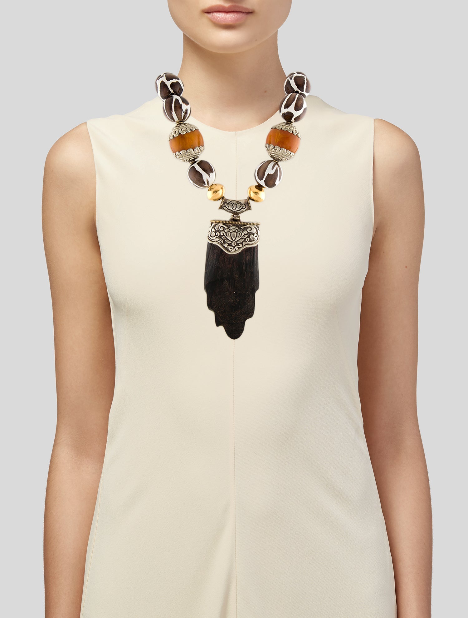 Devon Leigh Horn, Wood & Resin Beaded Collar Necklace w/ Tags - Gold ...